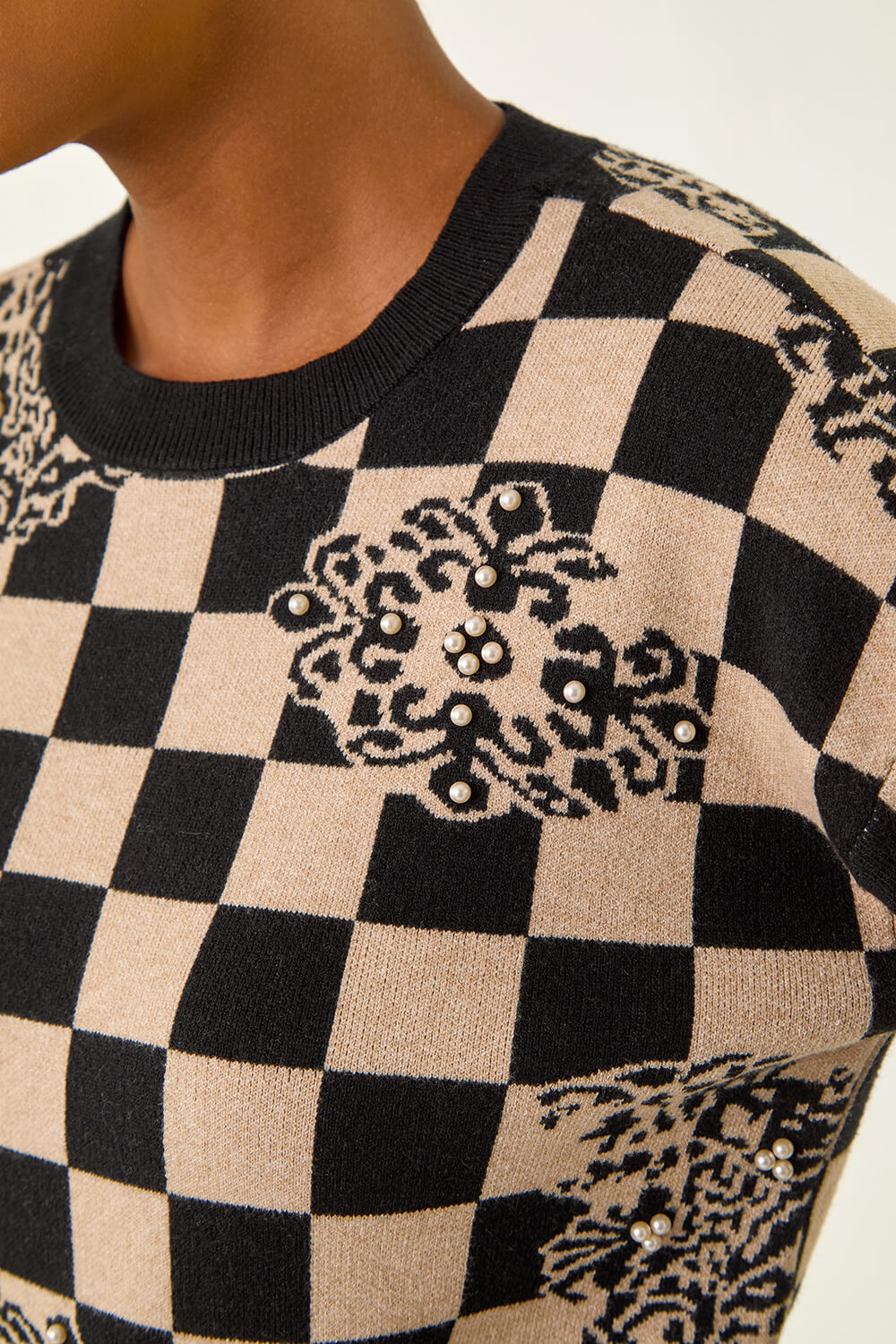 Black Check Faux Pearl Knit Jumper | Roman UK