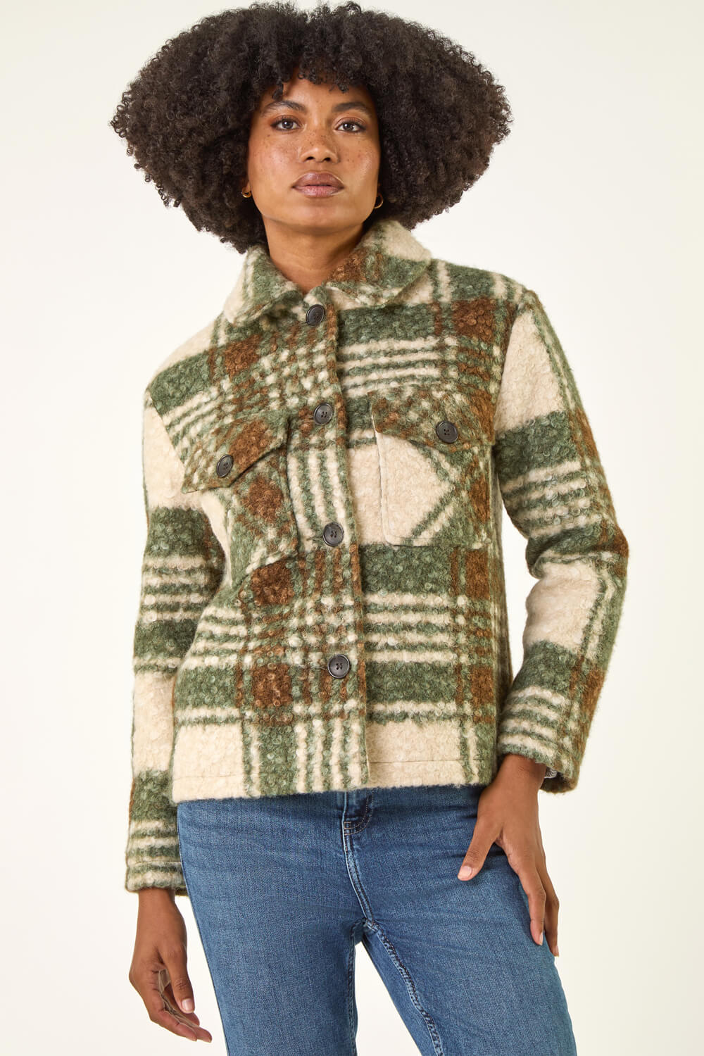 Green Check Print Button Borg Jacket | Roman UK