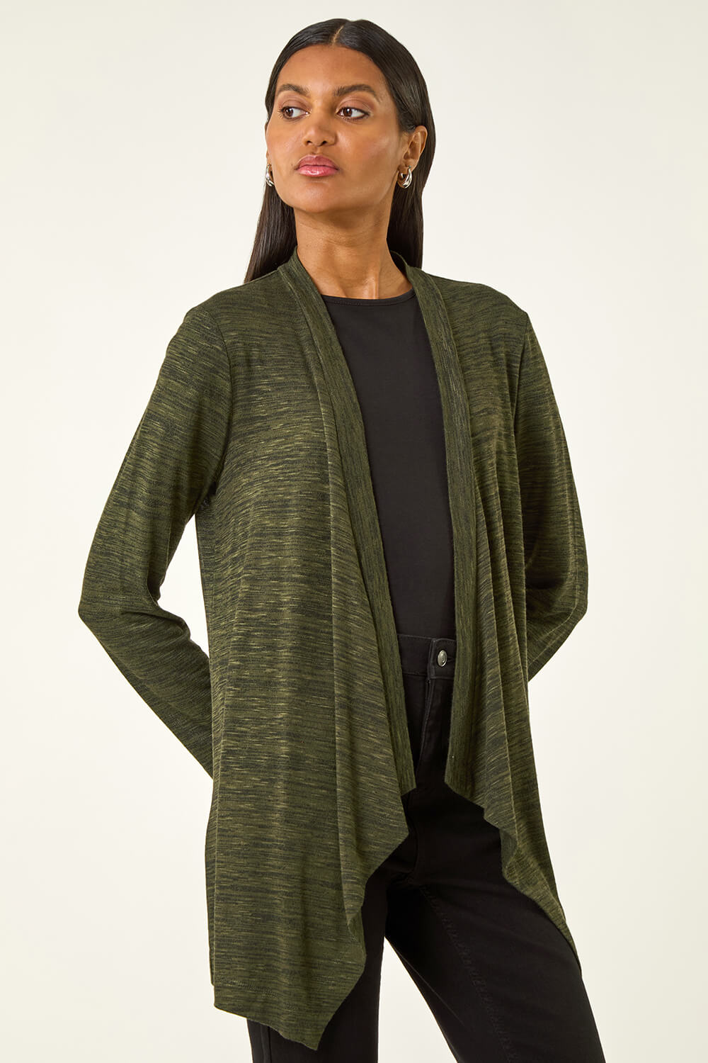 Khaki Waterfall Front Stretch Cardigan | Roman UK