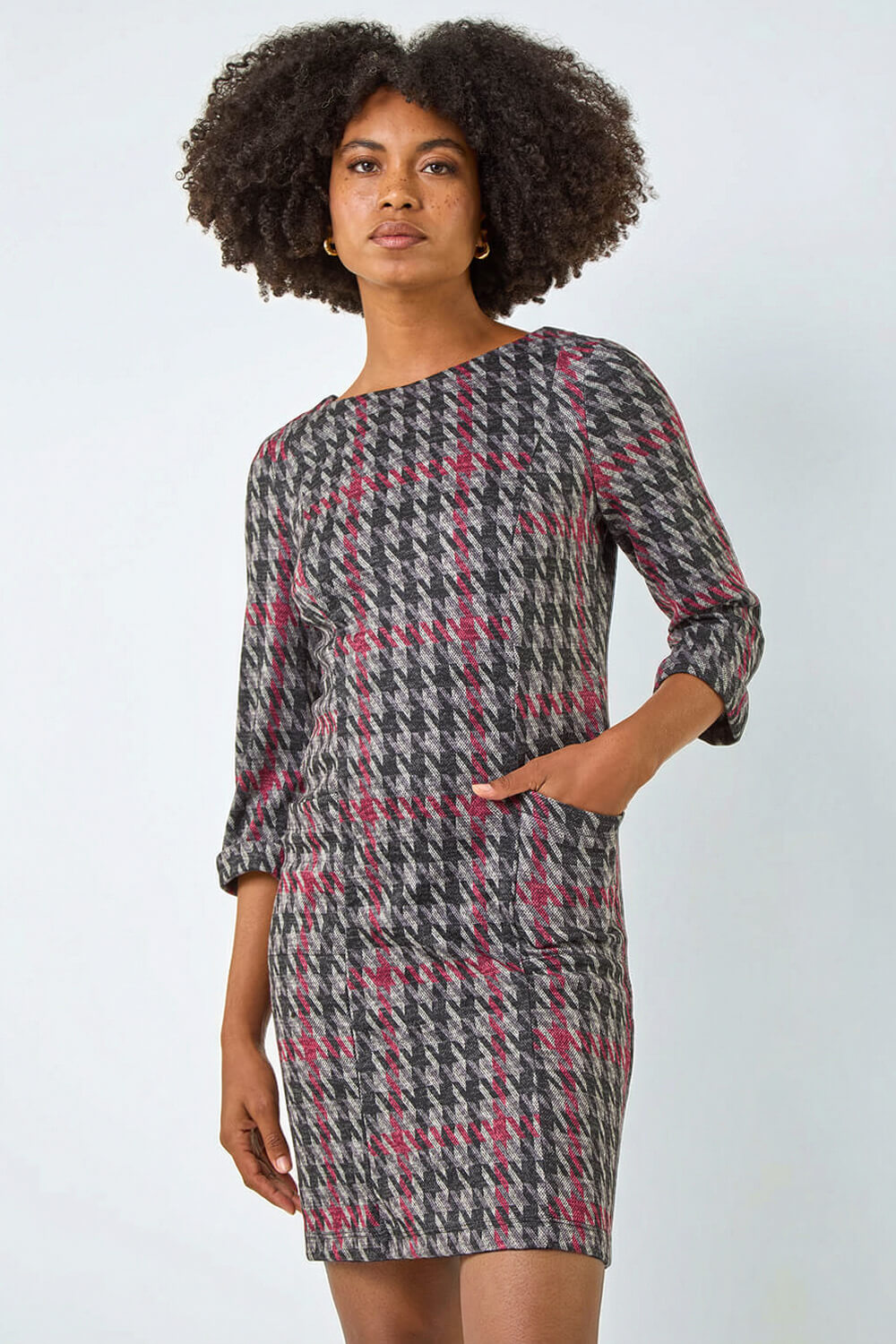 Red Houndstooth Pocket Shift Stretch Dress | Roman UK