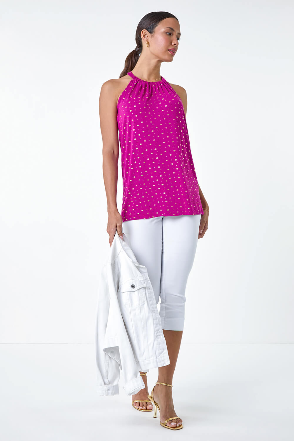 Magenta Metallic Foil Sun Halter Neck Top | Roman UK