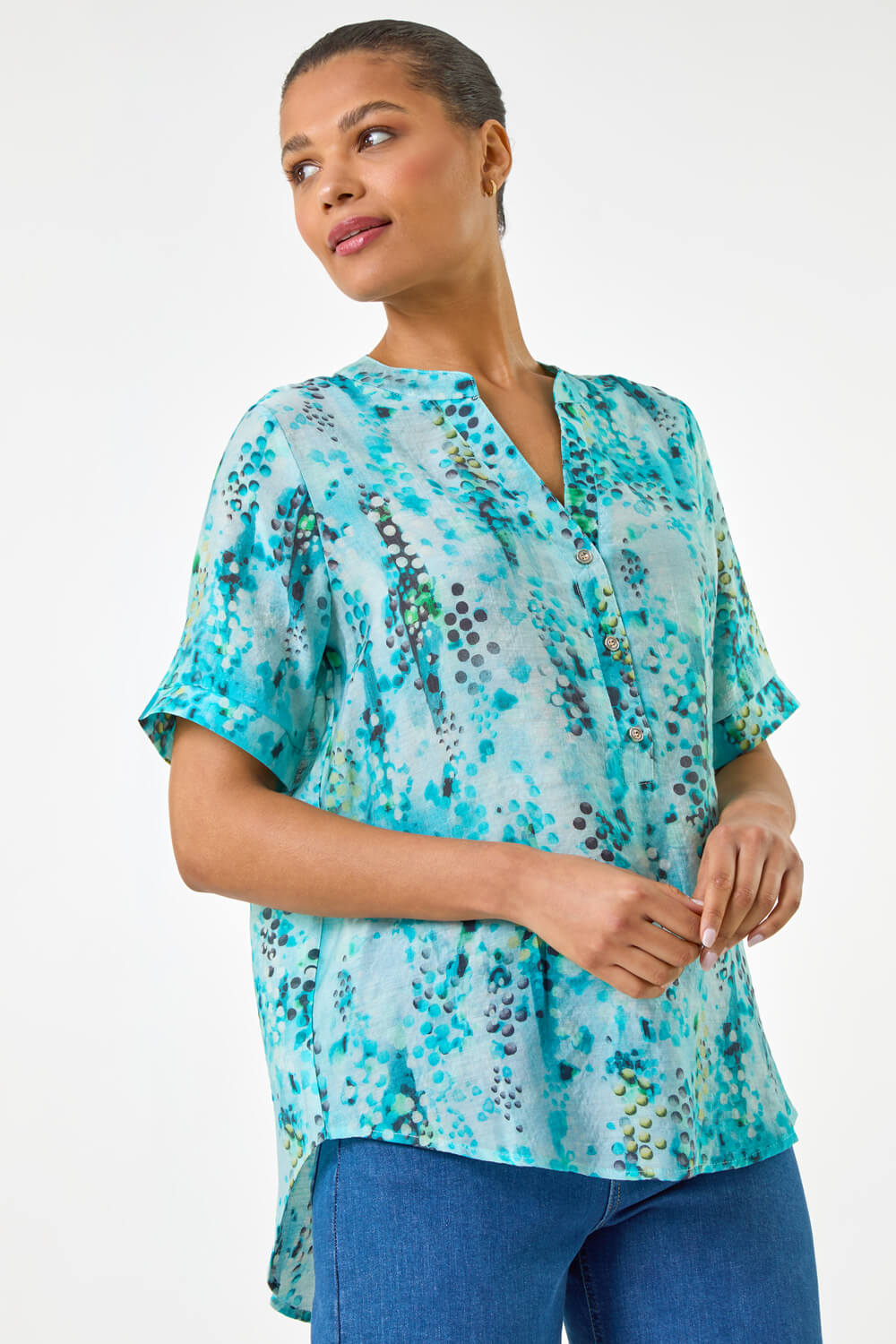 Blue Abstract Buttoned V-Neck Top | Roman UK
