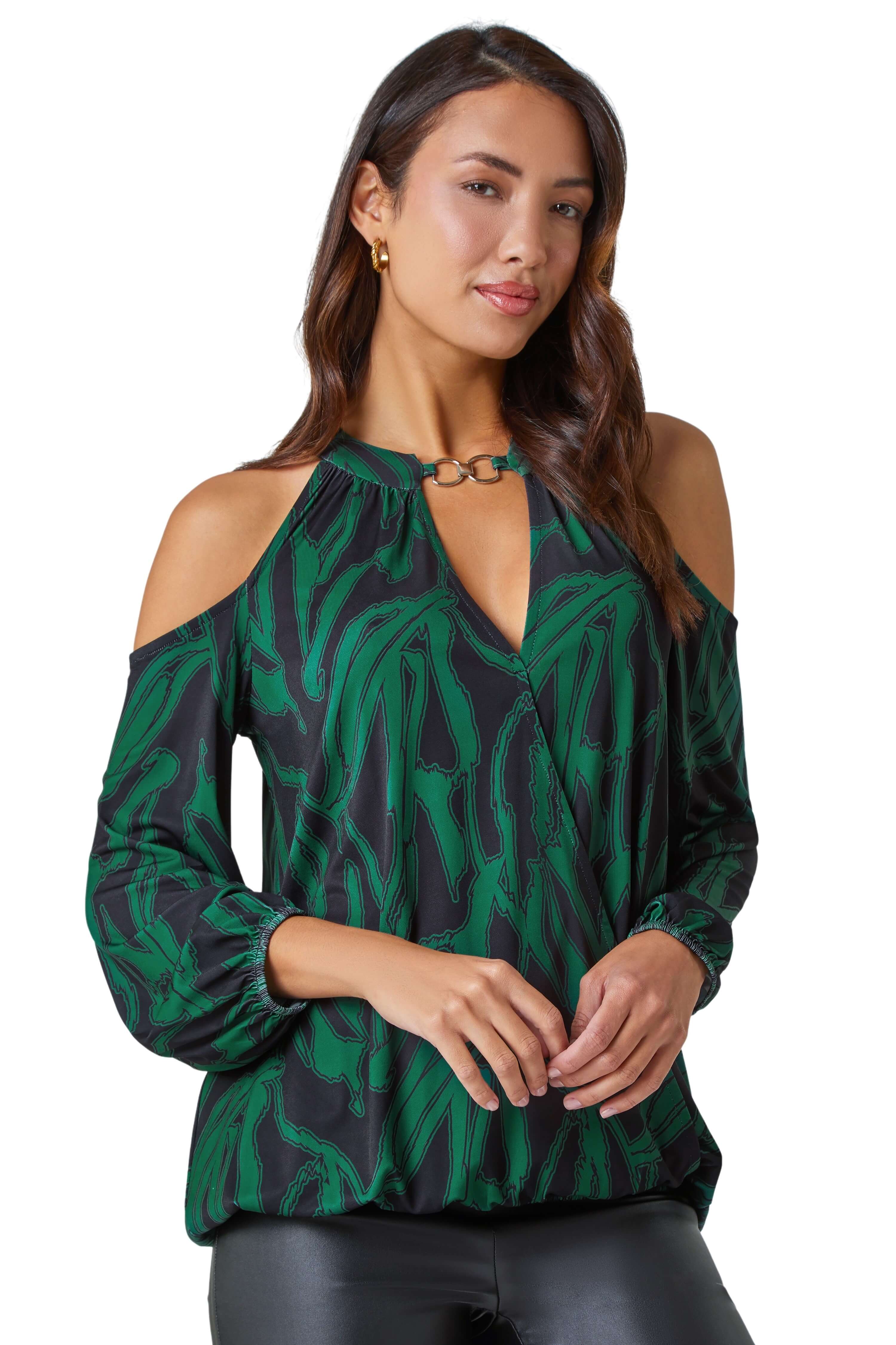 Abstract Print Cold Shoulder Stretch Top For Women UK - Ladies Roman ...