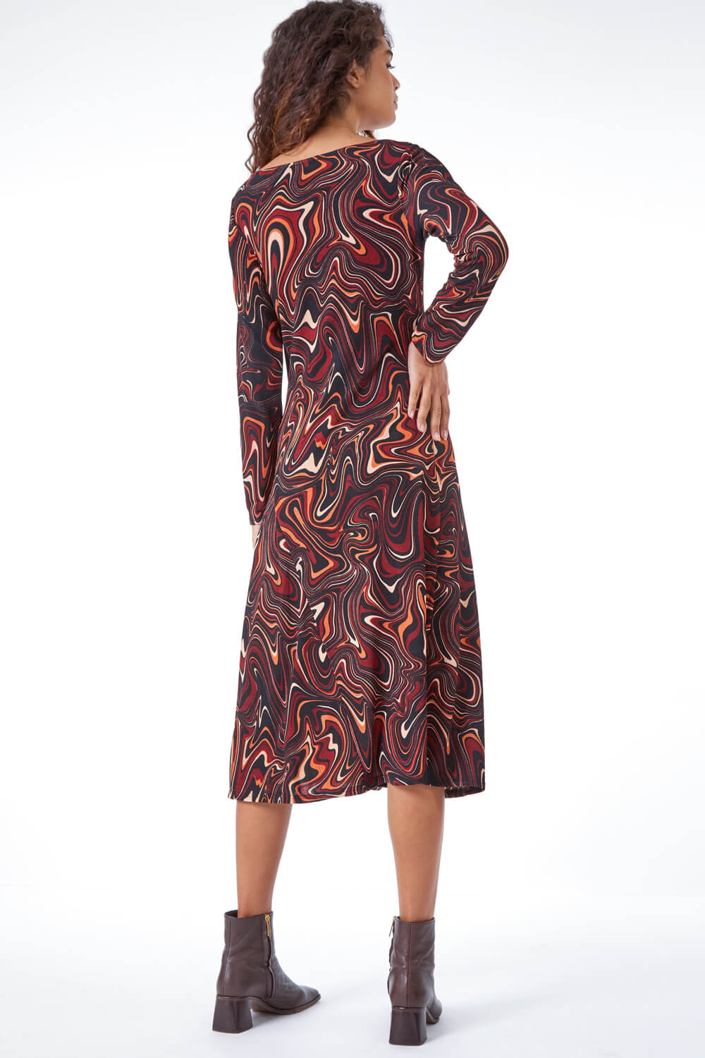 Swirl Print Cowl Neck Midi Dress in Red - Roman Originals UK