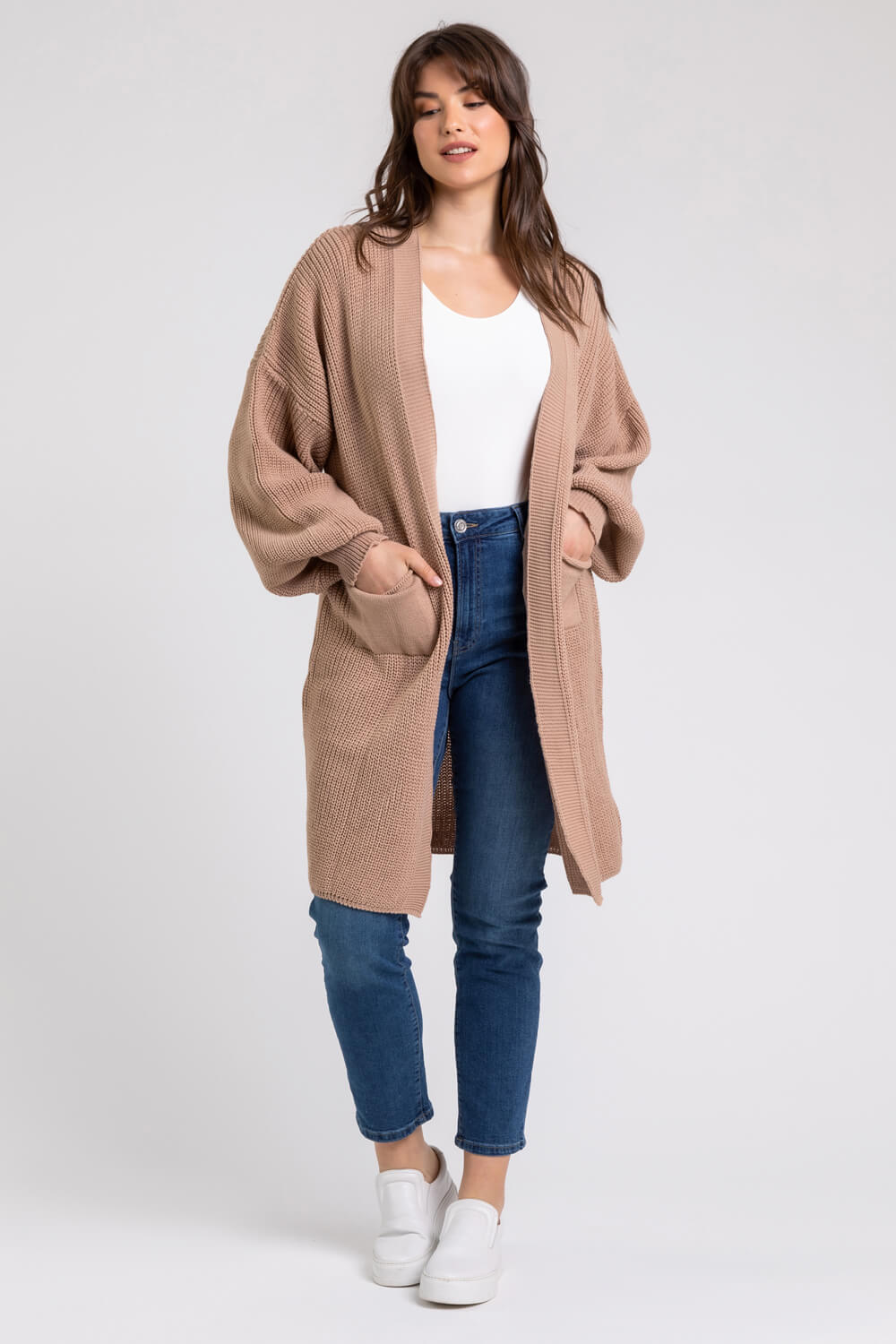 Curve Longline Ribbed Cardigan in Stone - Roman Originals UK