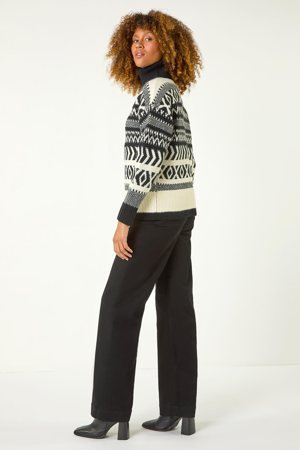 Black Roll Neck Cross Stitch Knit Jumper | Roman UK