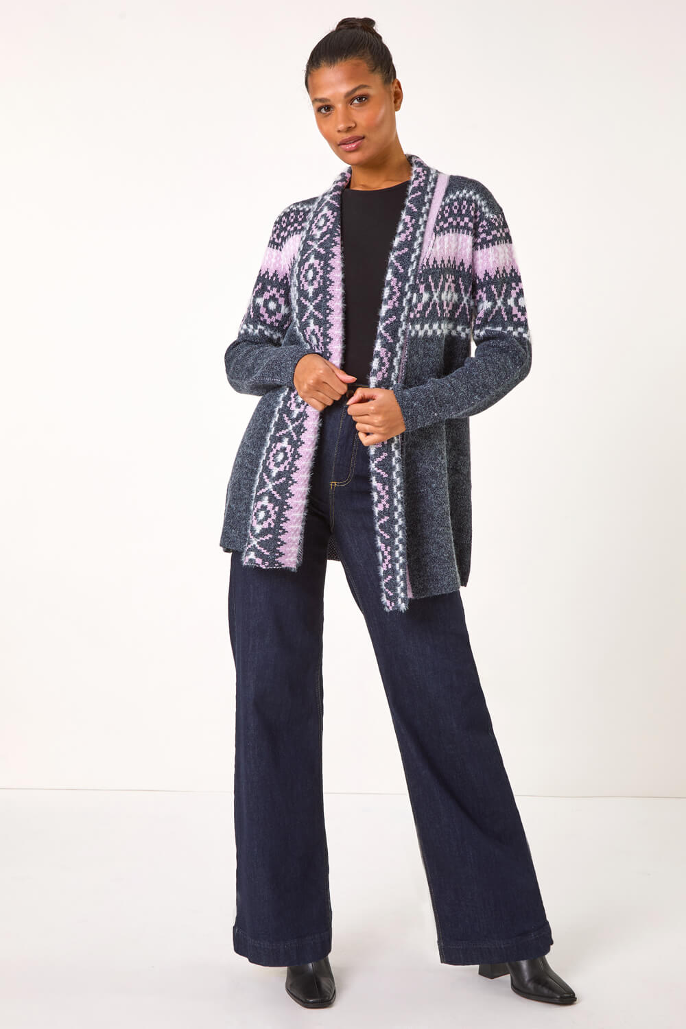 Denim Longline Pattern Knit Cardigan | Roman UK