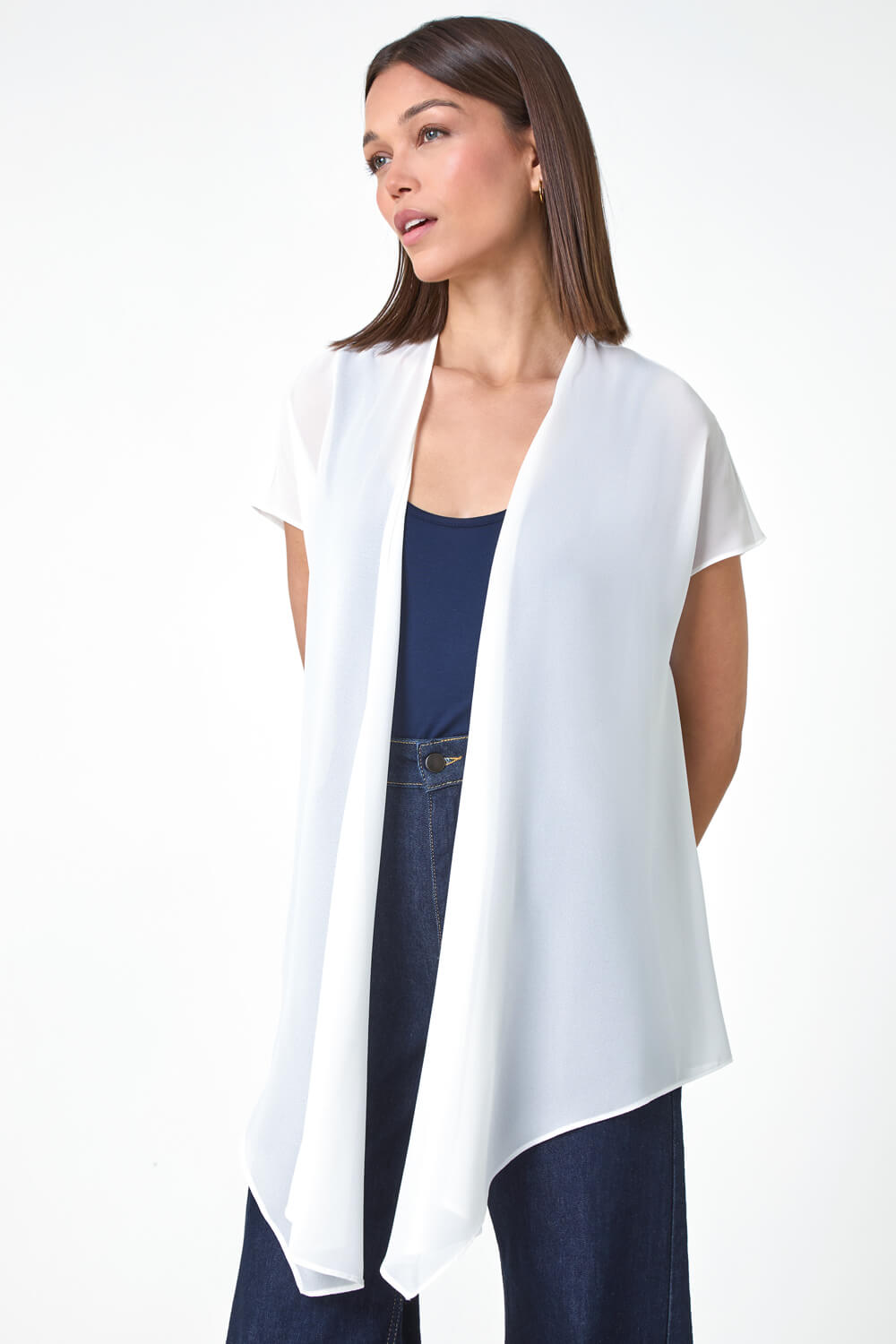 Ivory Asymmetric Longline Woven Cardigan | Roman UK