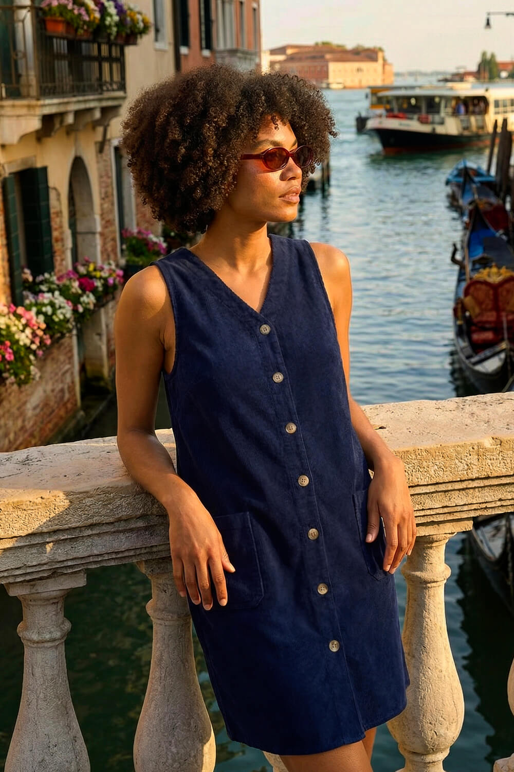 Navy Cotton V-Neck Button Pocket Dress | Roman UK