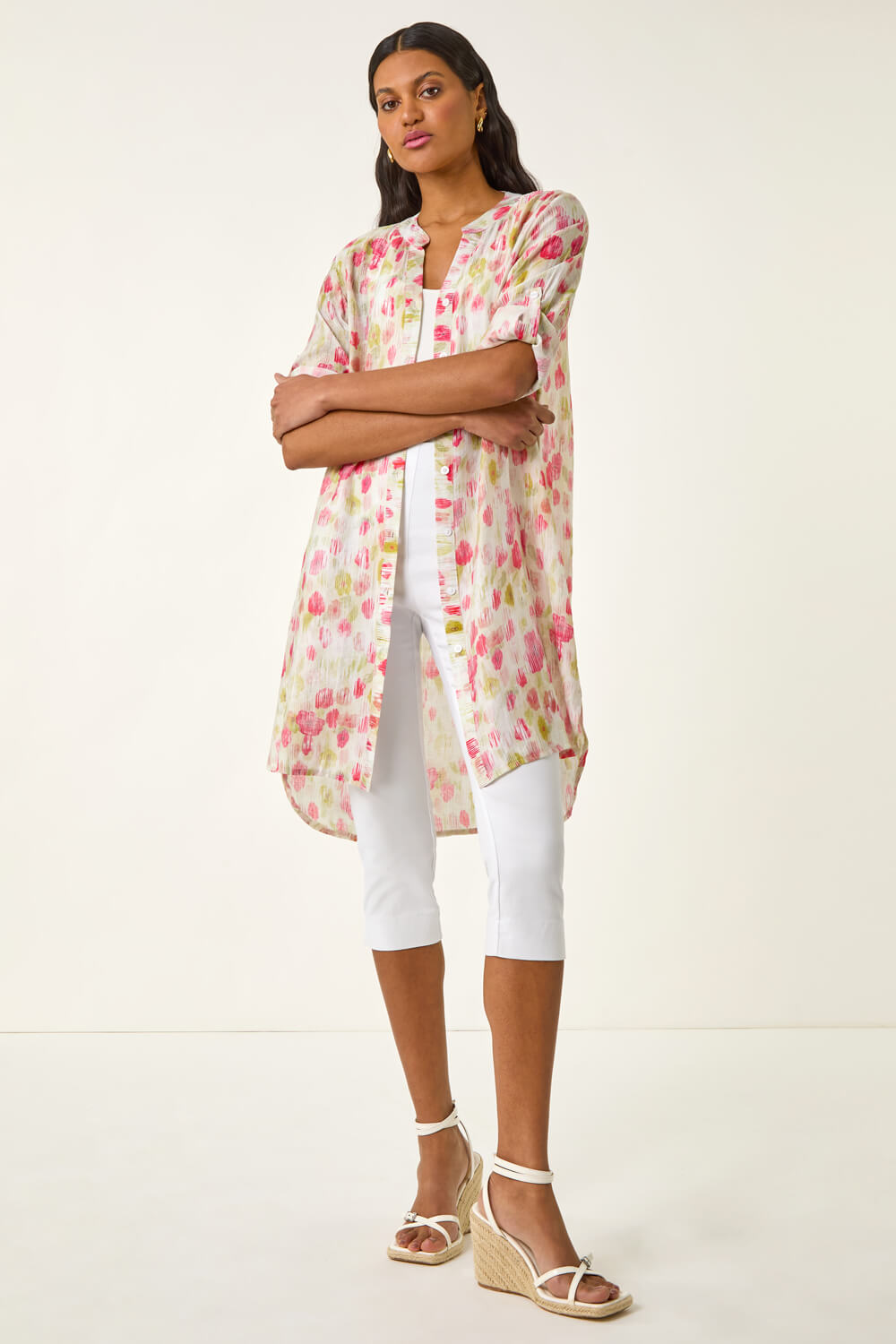 Pink Floral Print Longline Blouse | Roman UK