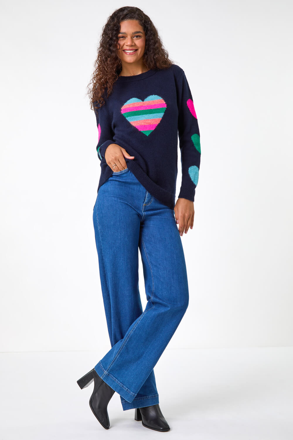 Midnight Blue Multi Heart Detail Longline Jumper | Roman UK