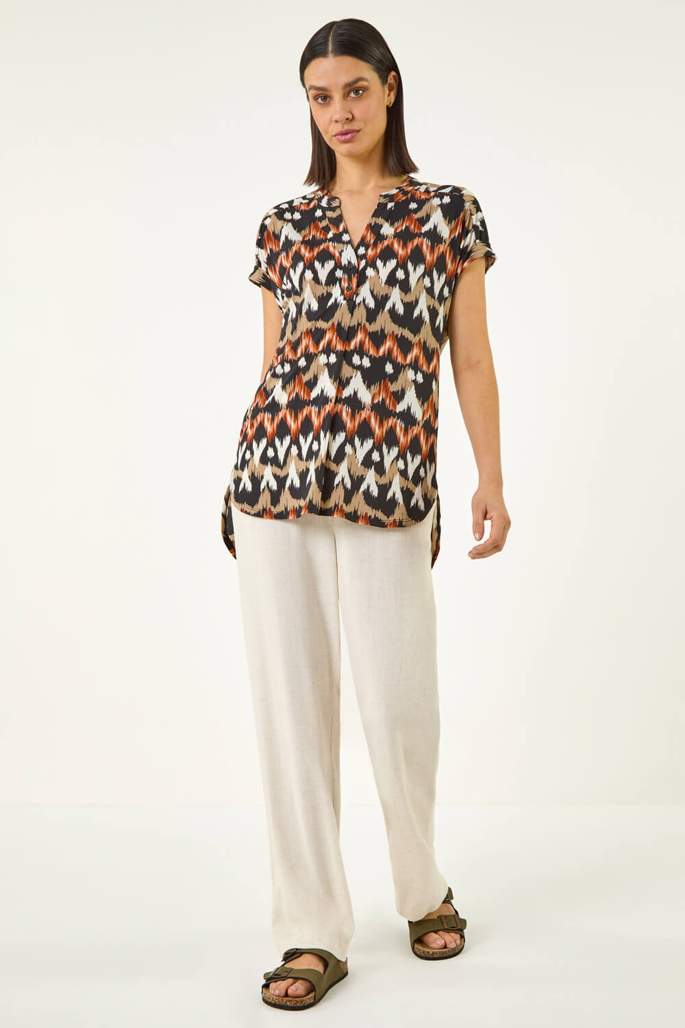 Black Abstract Print Stretch Top | Roman UK