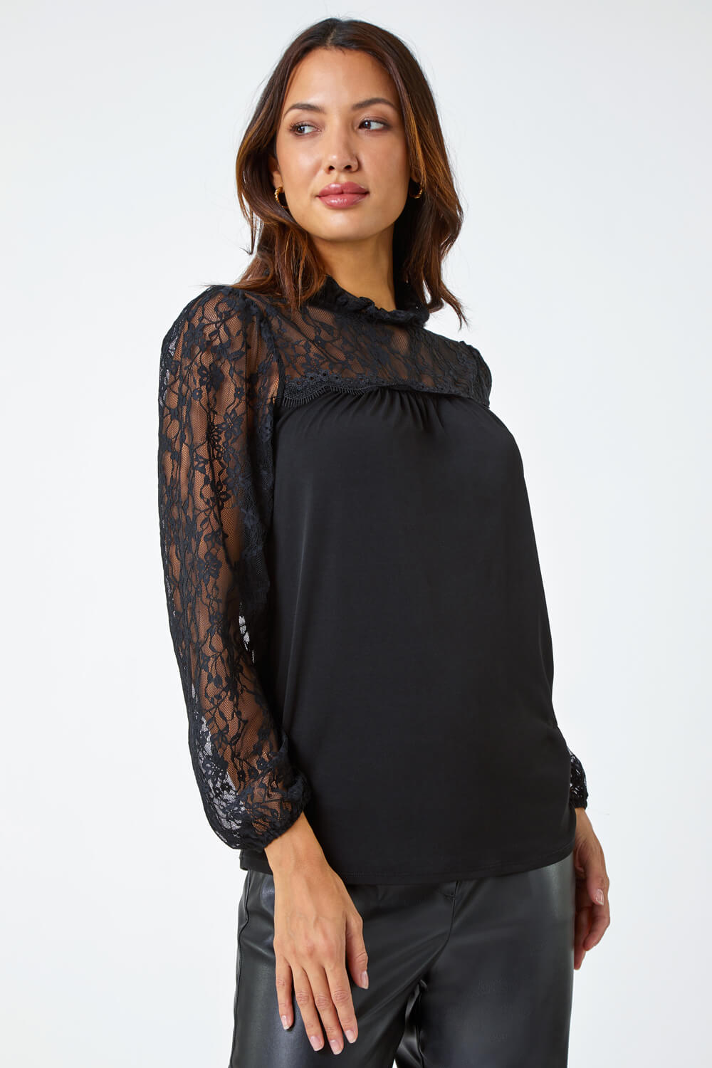 Black Lace Detail High Neck Stretch Top | Roman UK
