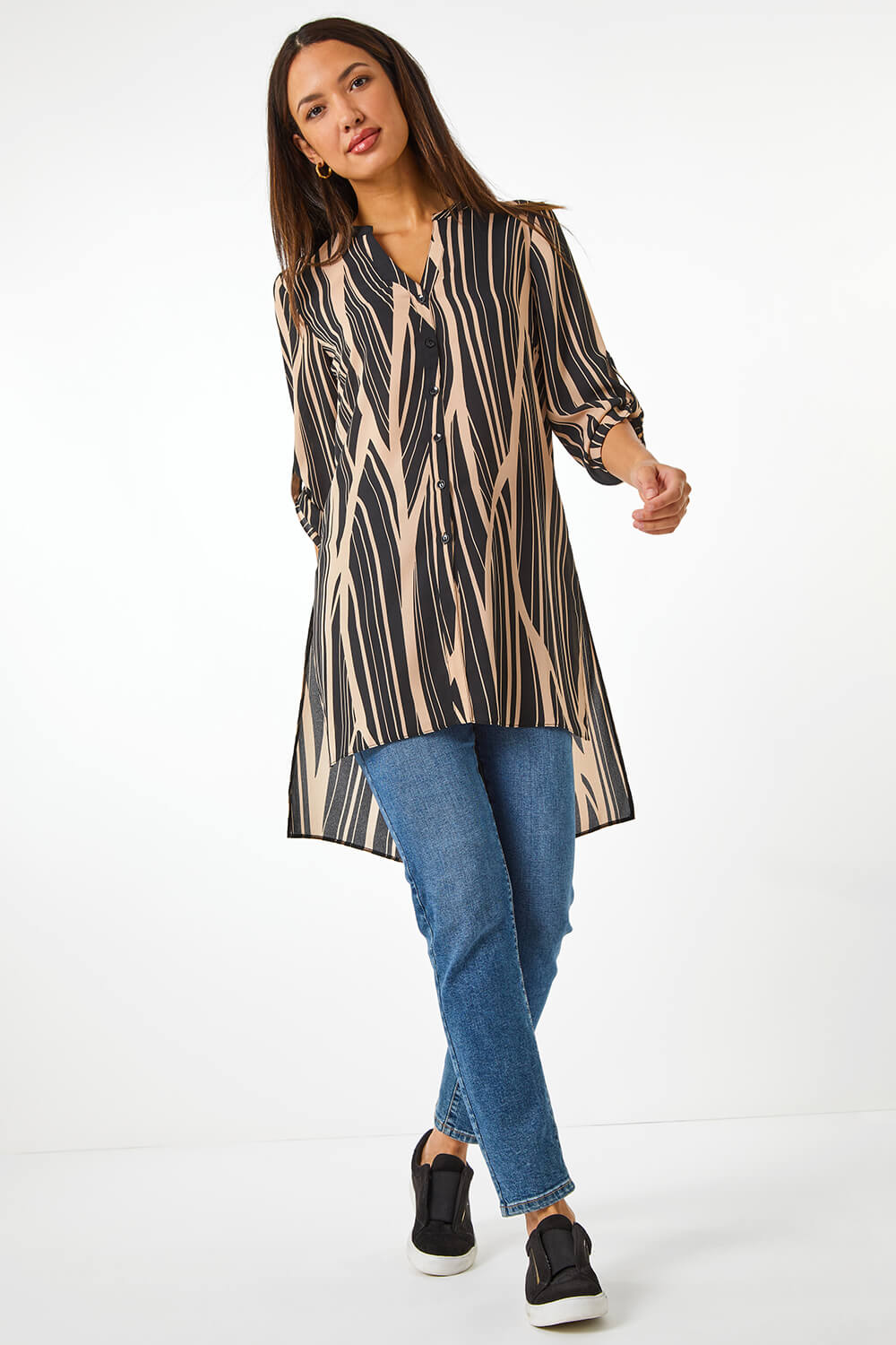 Abstract Print Longline Blouse in Black - Roman Originals UK