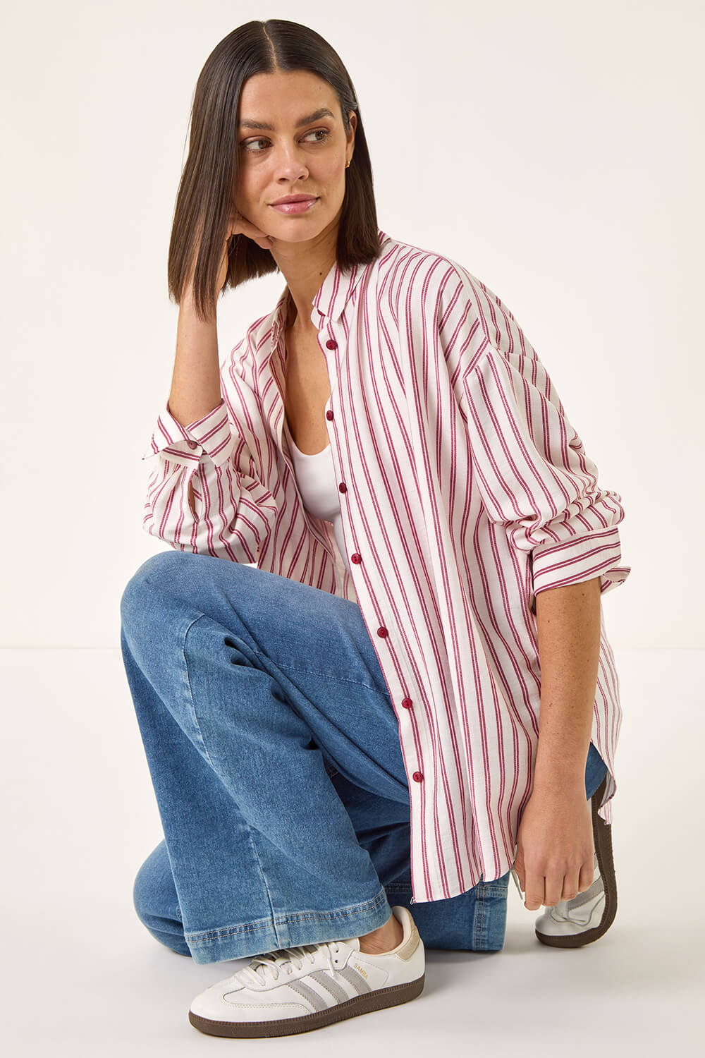 Red Stripe Print Button Blouse | Roman UK