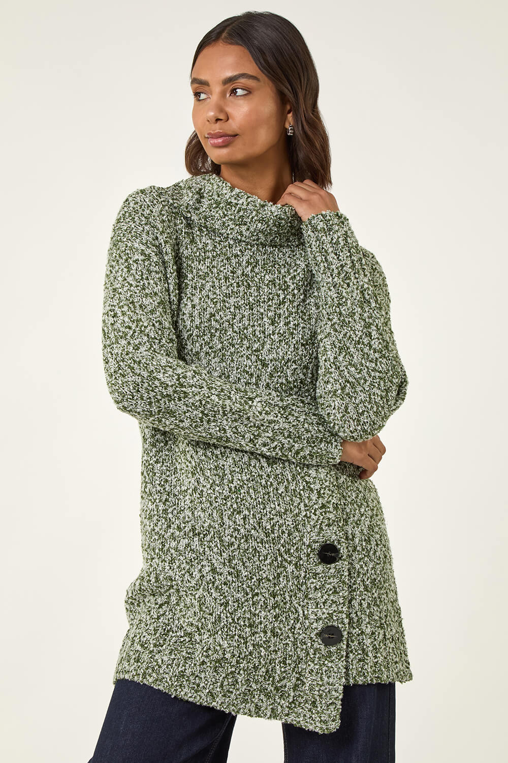 Green Roll Neck Button Detail Jumper | Roman UK