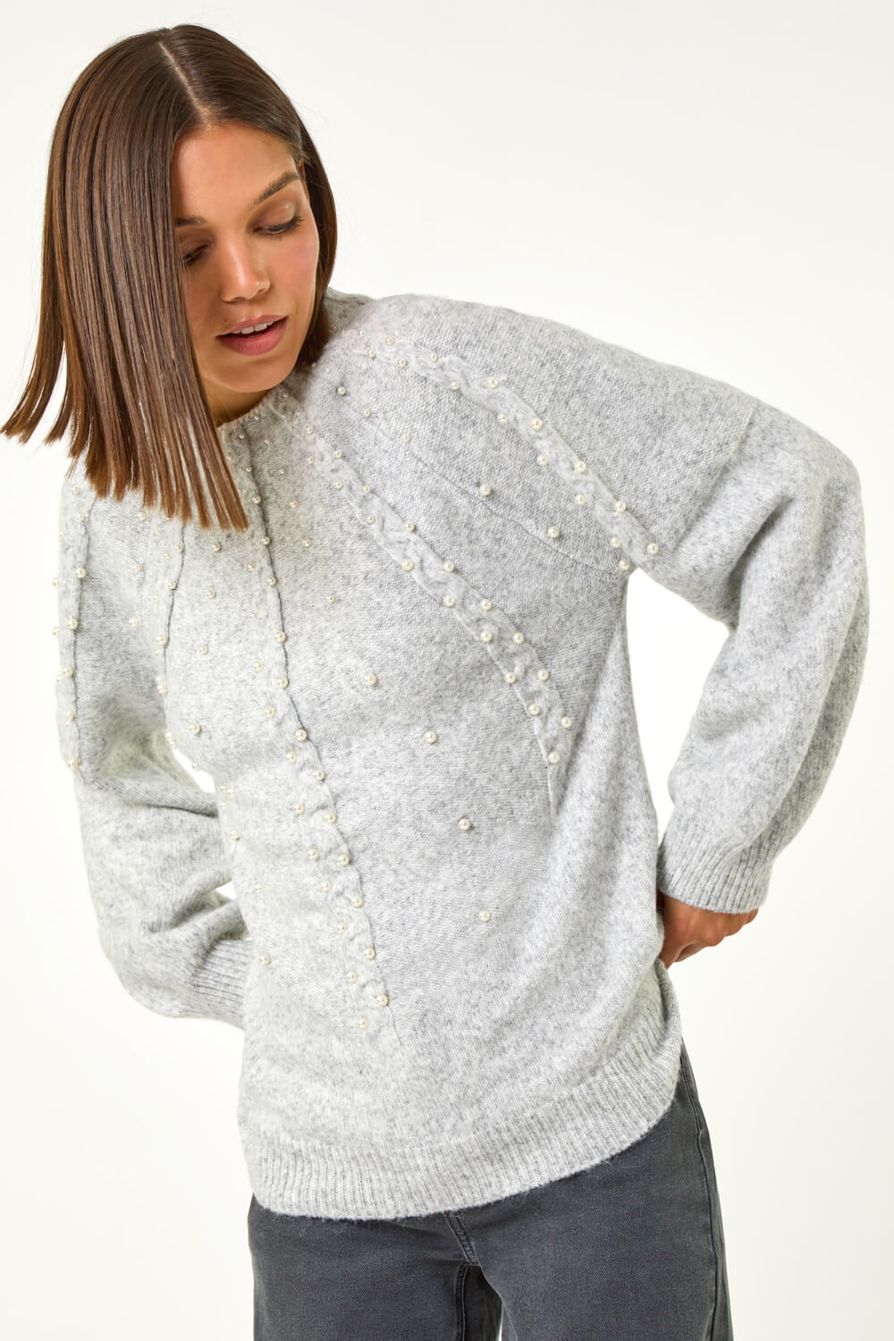 Light Grey Faux Pearl Cable Knit Jumper | Roman UK