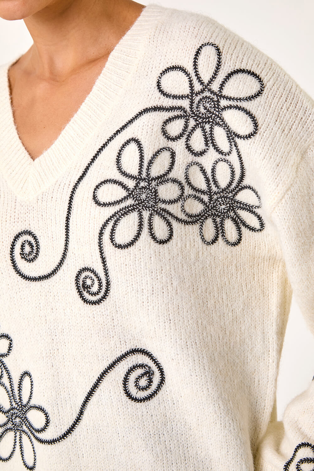 Ivory Contrast Swirl Floral Knit Jumper | Roman UK