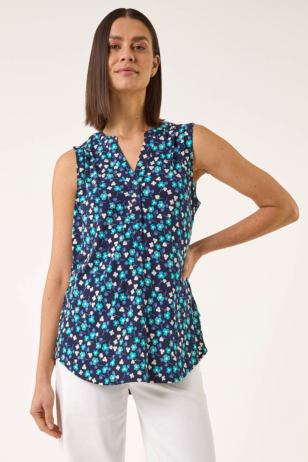 Turquoise Floral Puff Print Vest Top | Roman UK