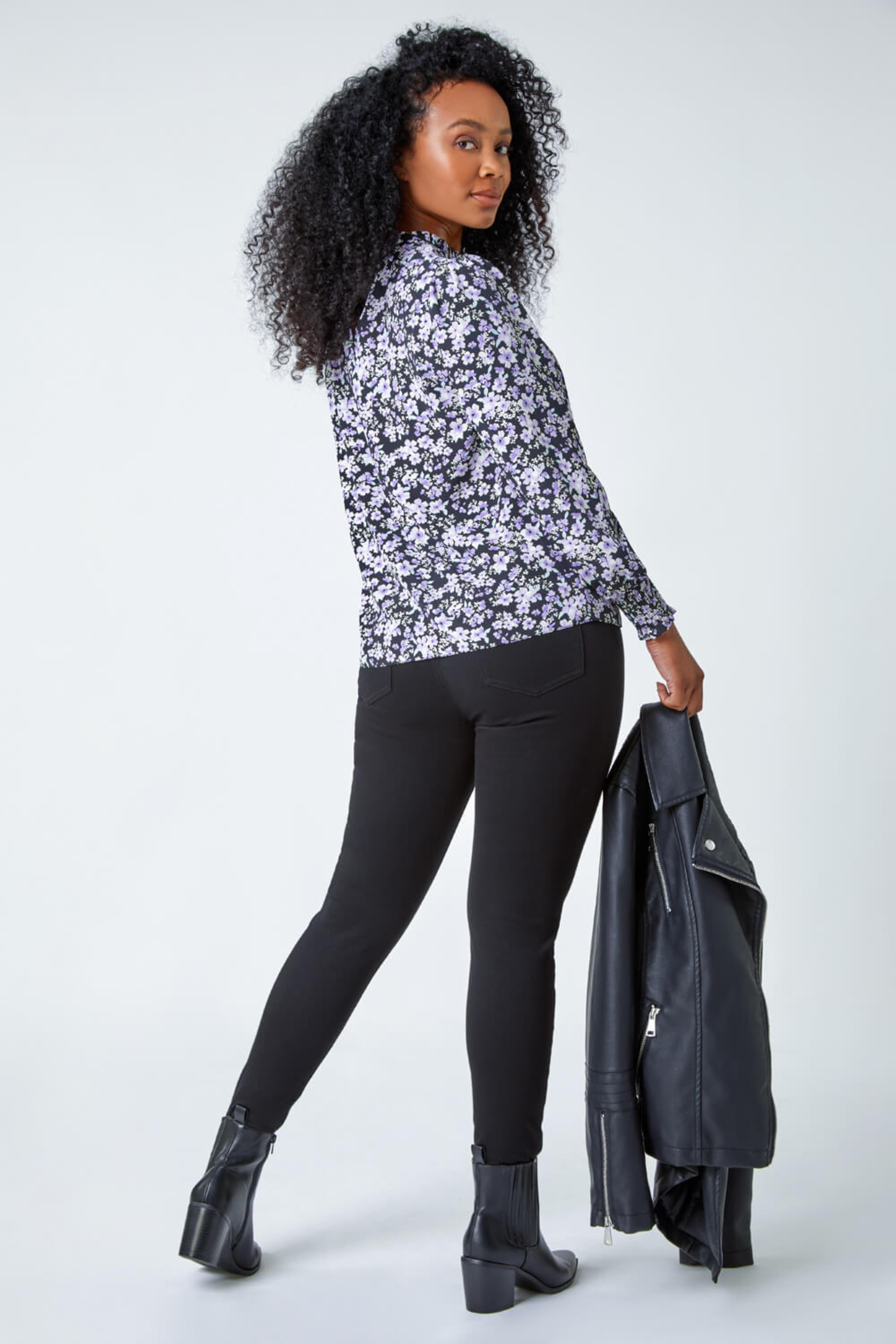 Lilac Petite Floral Print Gathered Neck Top | Roman UK