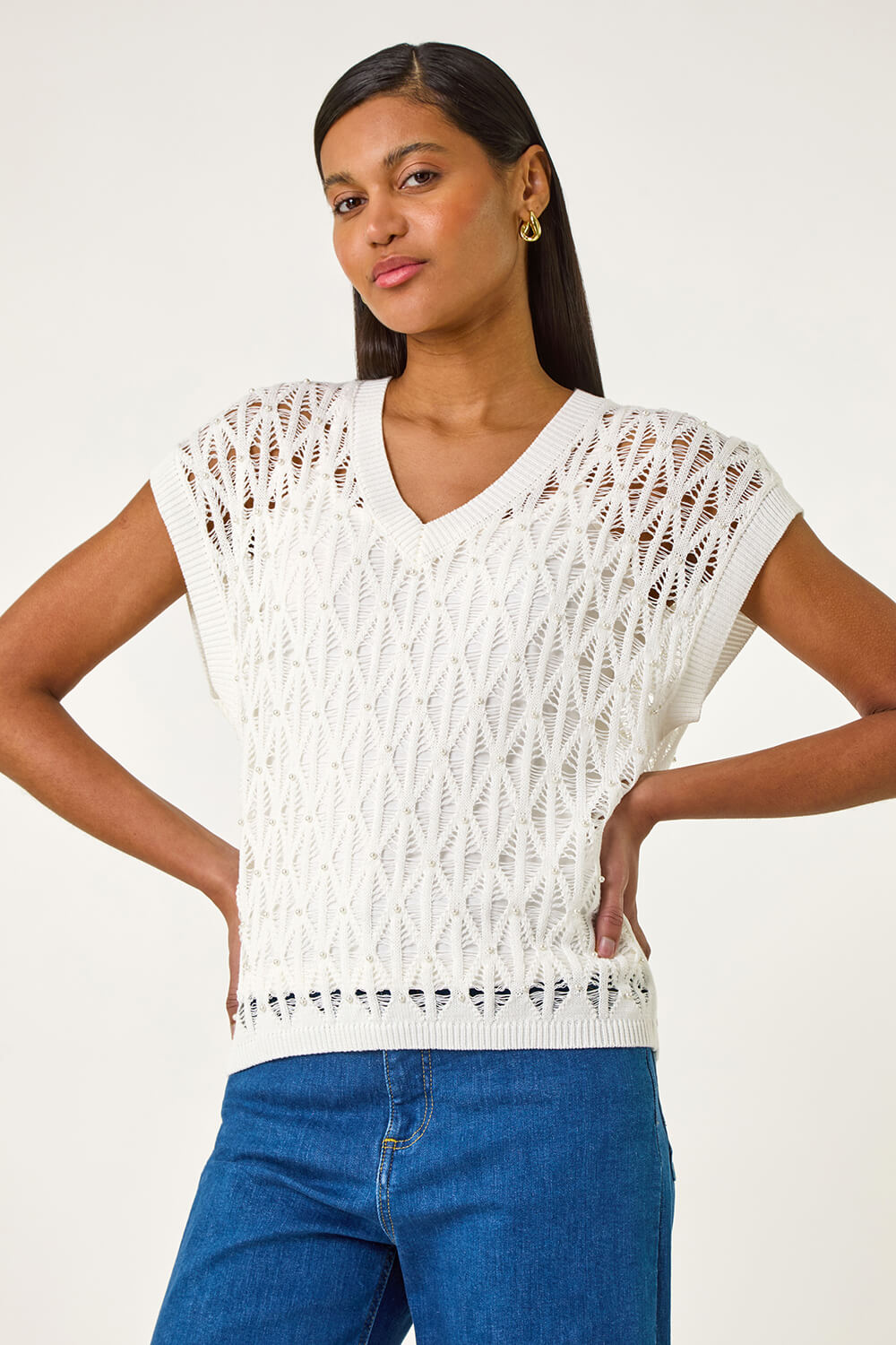 Ivory Pearl Double Layer Knit Top | Roman UK