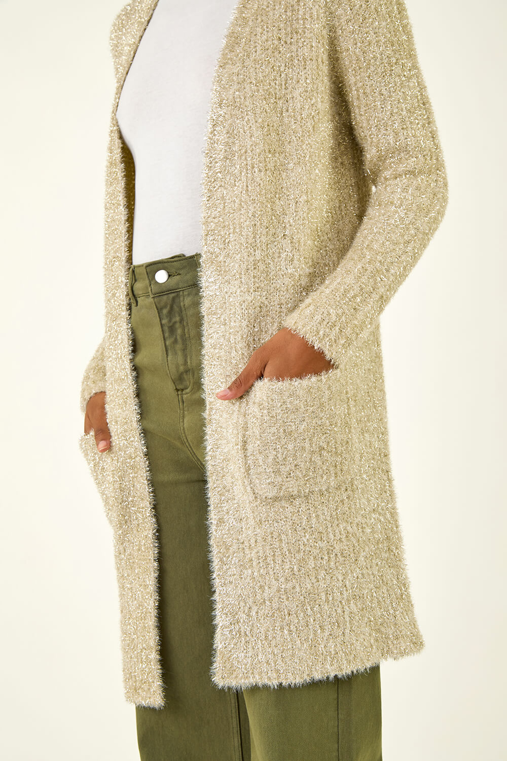 Gold Metallic Longline Knit Cardigan | Roman UK