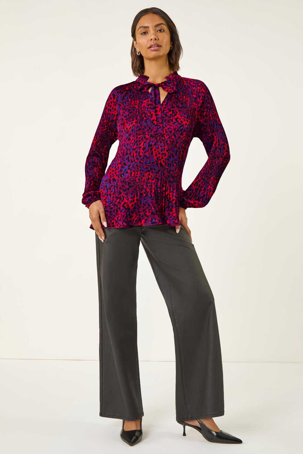 Red Animal Print Tie Neck Pleated Top | Roman UK