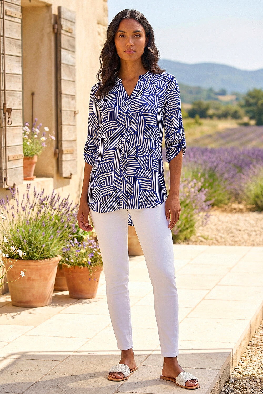 Navy Geo Mono Print Buttoned Blouse | Roman UK