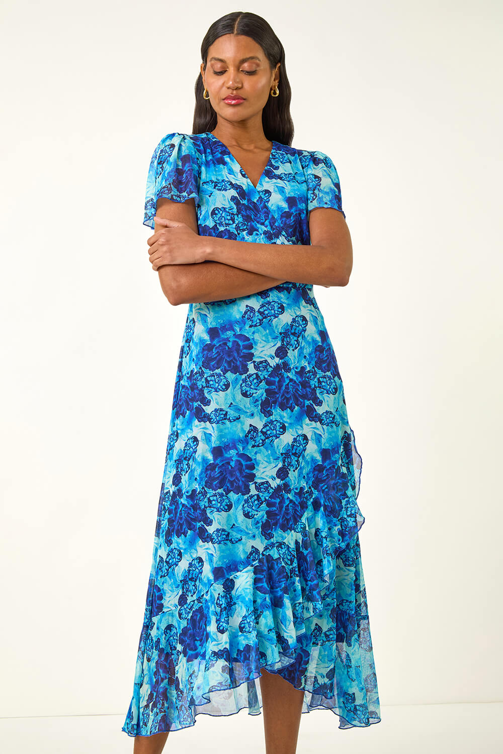 Blue Floral Frill Mesh Stretch Dress | Roman UK