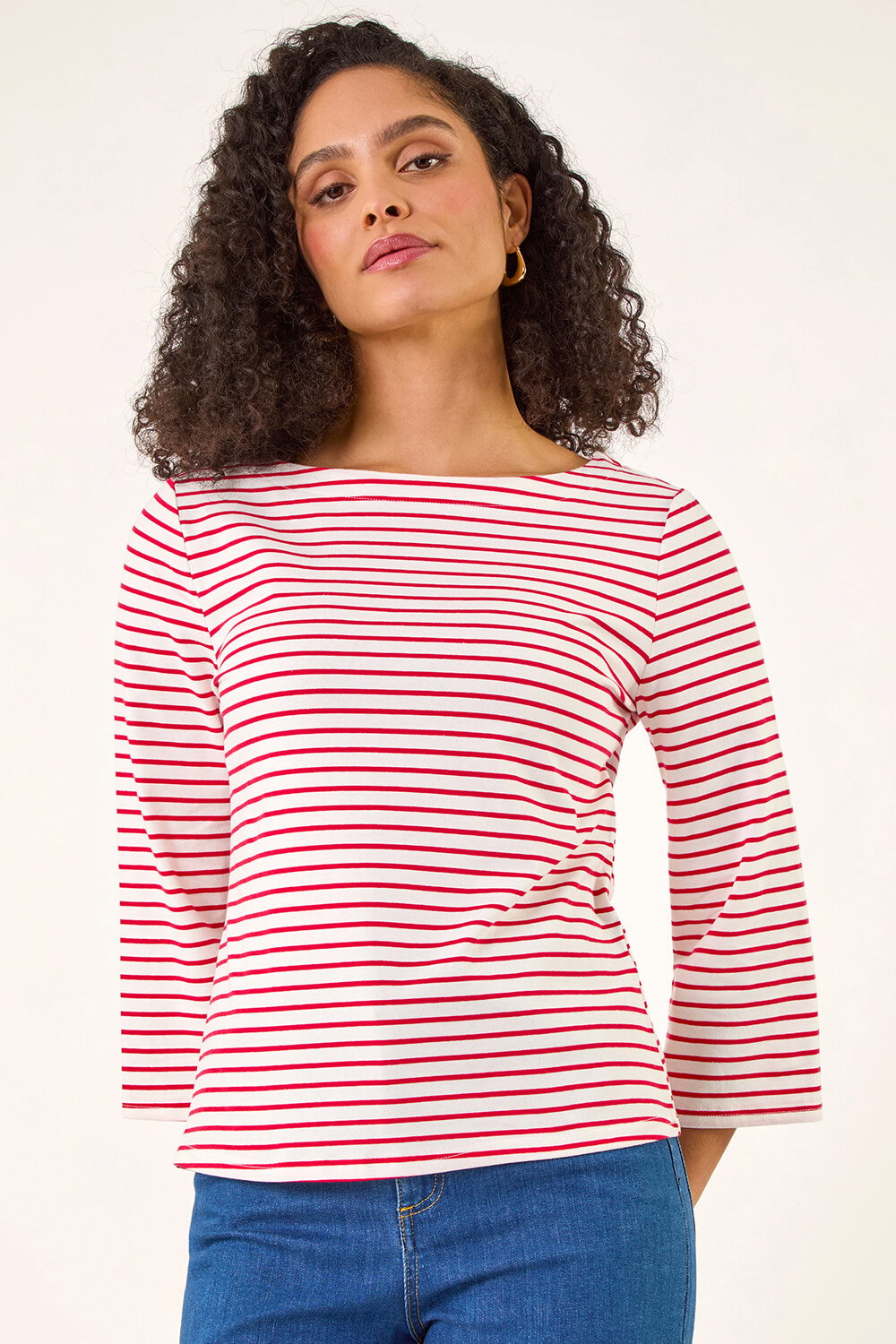 Red Stripe Print Boat Neck Top | Roman UK