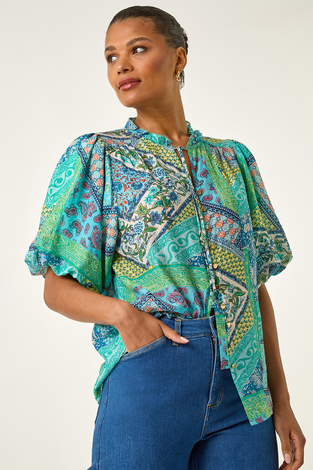 Blue Patchwork Print Tie Front Blouse | Roman UK