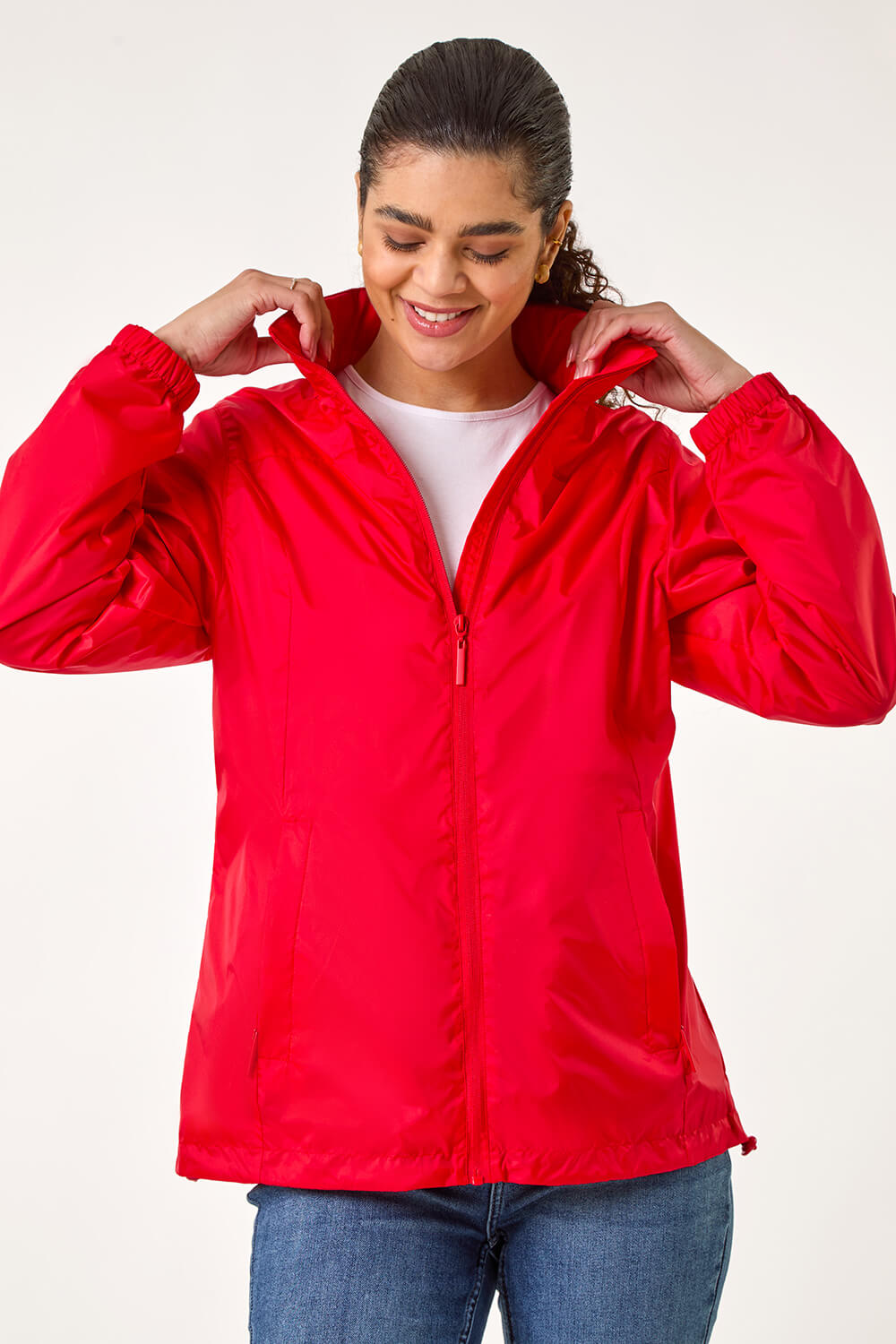 Red Shower Resistant Funnel Neck Jacket | Roman UK