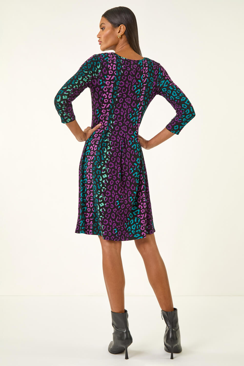 Teal Animal Print Panel Stretch Dress | Roman UK