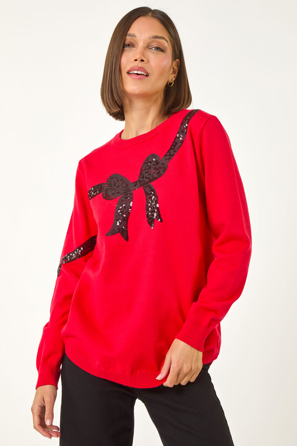 Red Bow Sequin Detail Knit Jumper | Roman UK