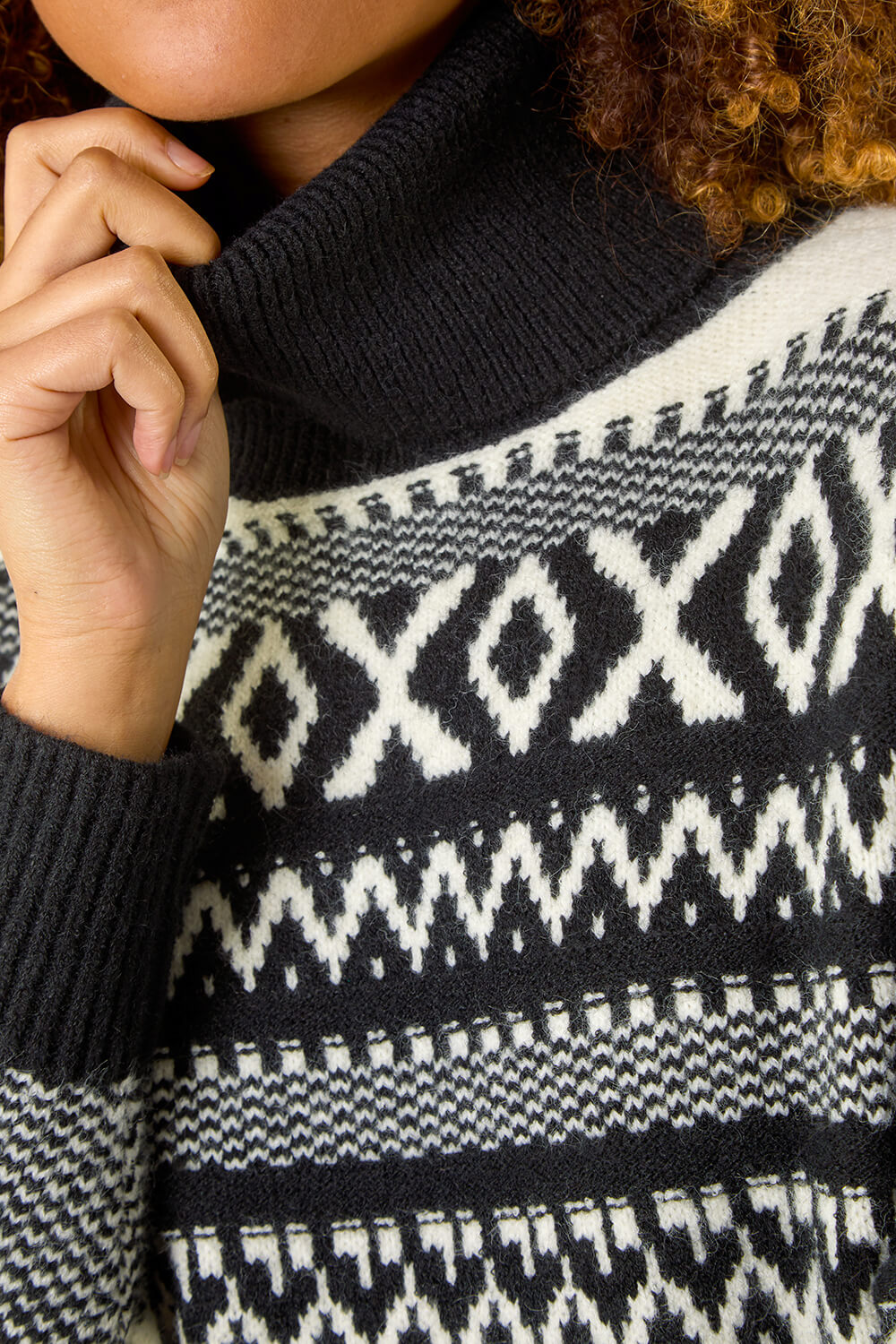 Black Roll Neck Cross Stitch Knit Jumper | Roman UK