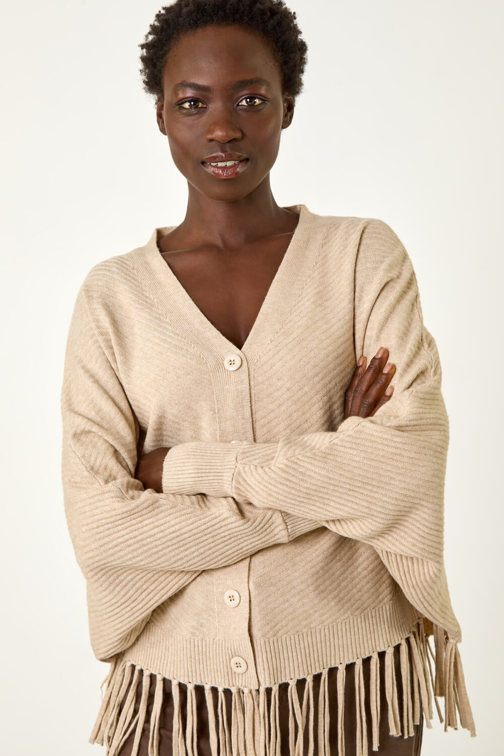 Natural Fringe Hem Knit Cardigan | Roman UK