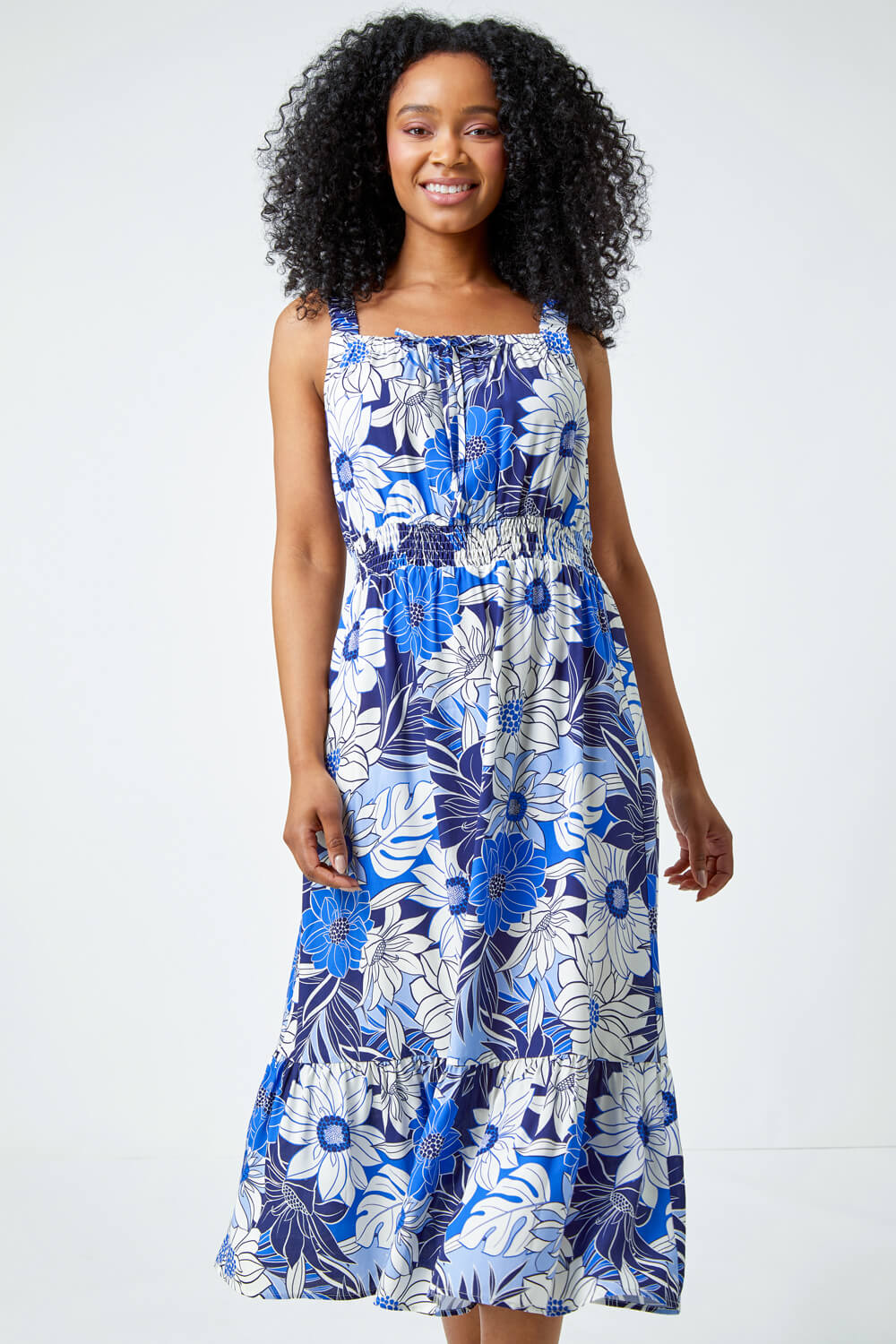 Blue Petite Floral Print Tiered Sundress | Roman UK