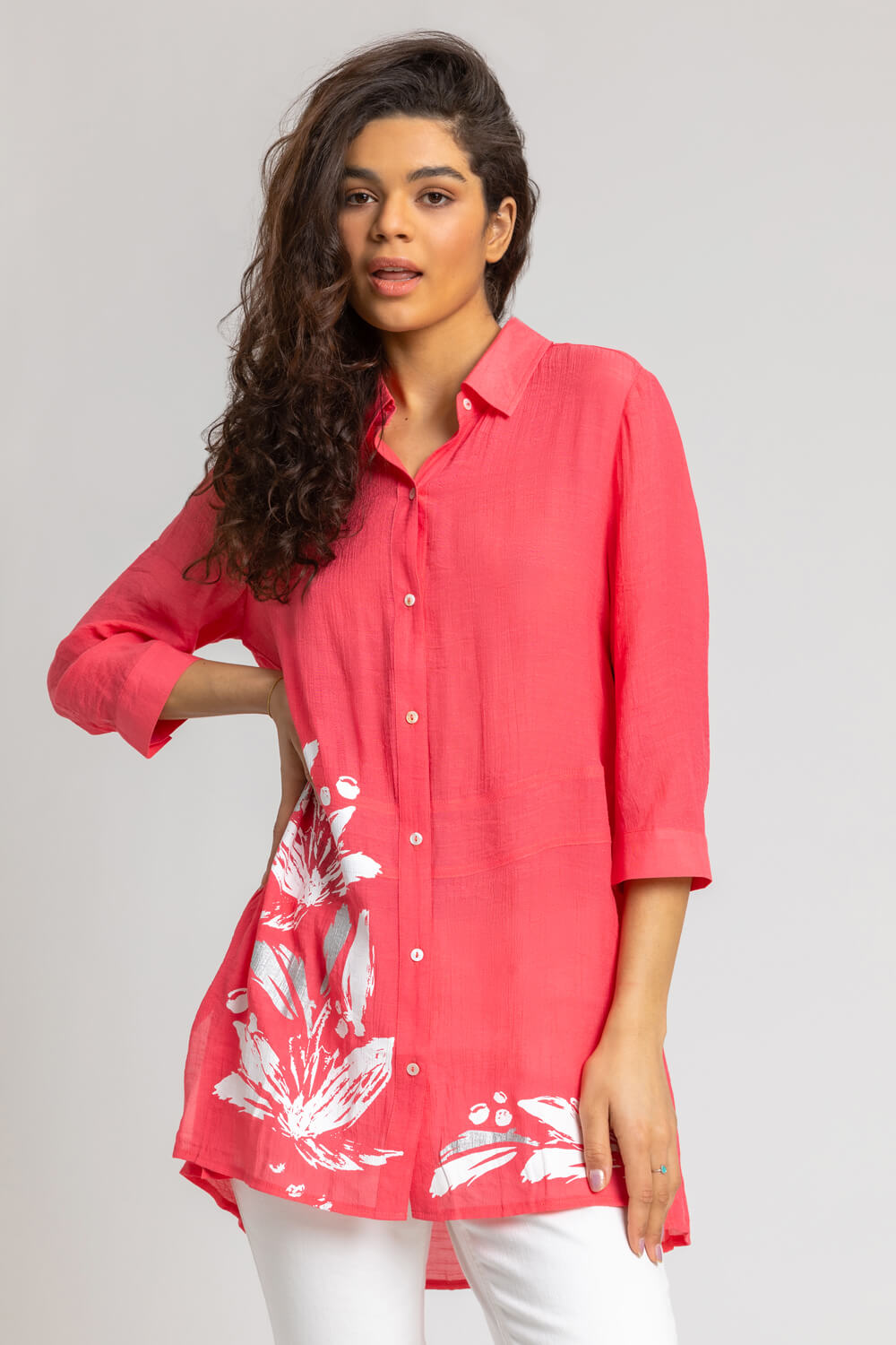 Floral Border Print Shirt in Pink - Roman Originals UK
