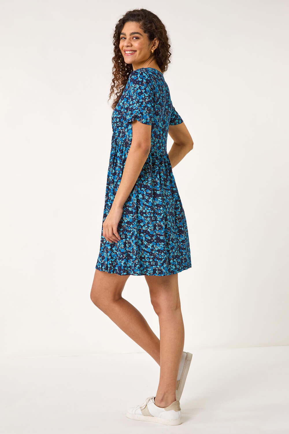 Navy Floral Print Contrast Band Dress | Roman UK