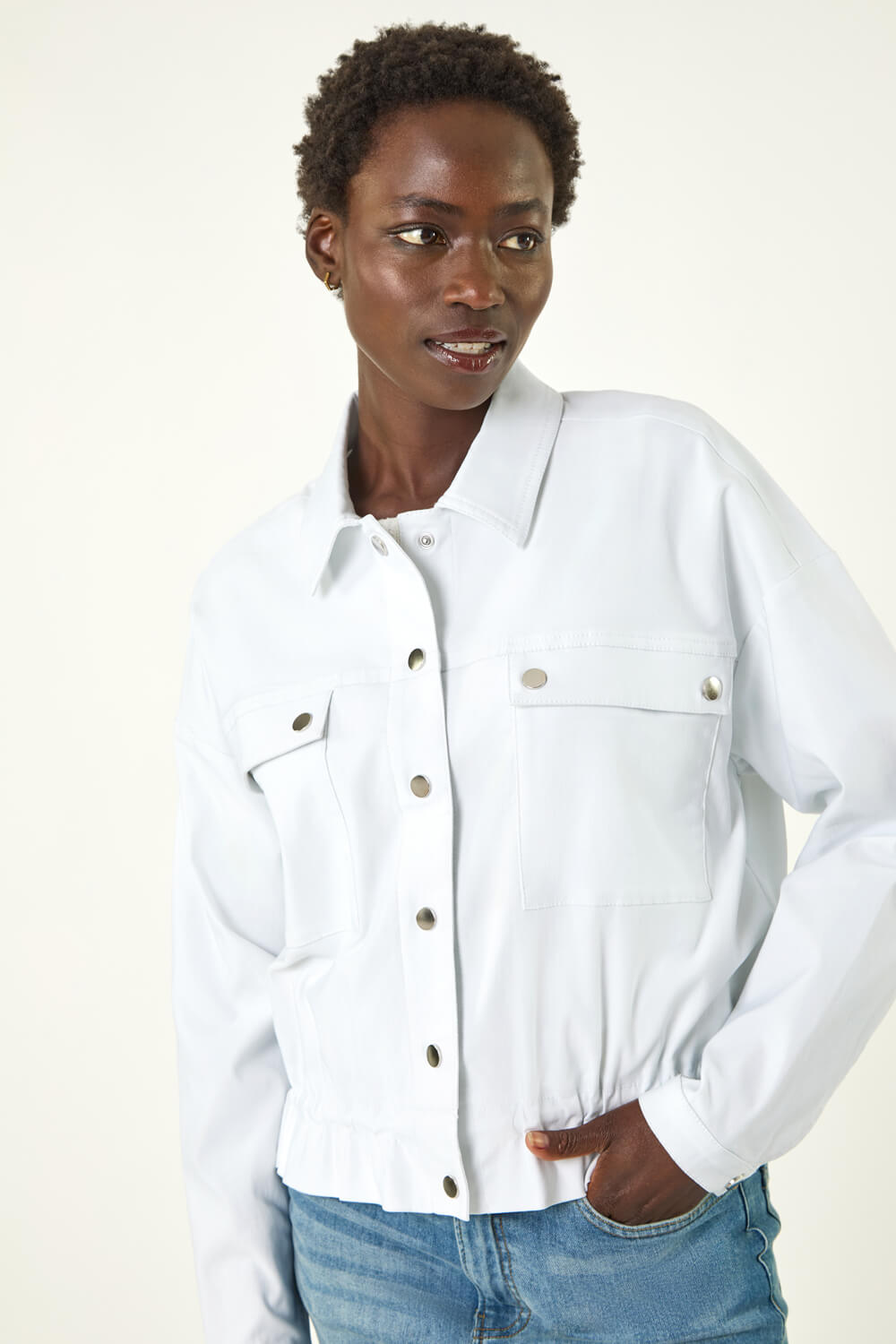 White Utility Collared Pocket Stretch Jacket | Roman UK