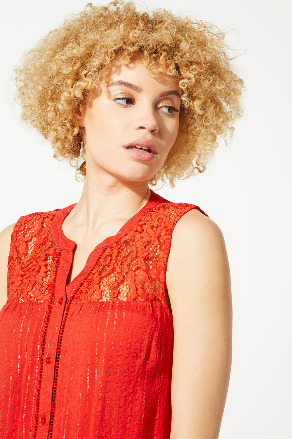Metallic Lace Sleeveless Blouse in Red - Roman Originals UK