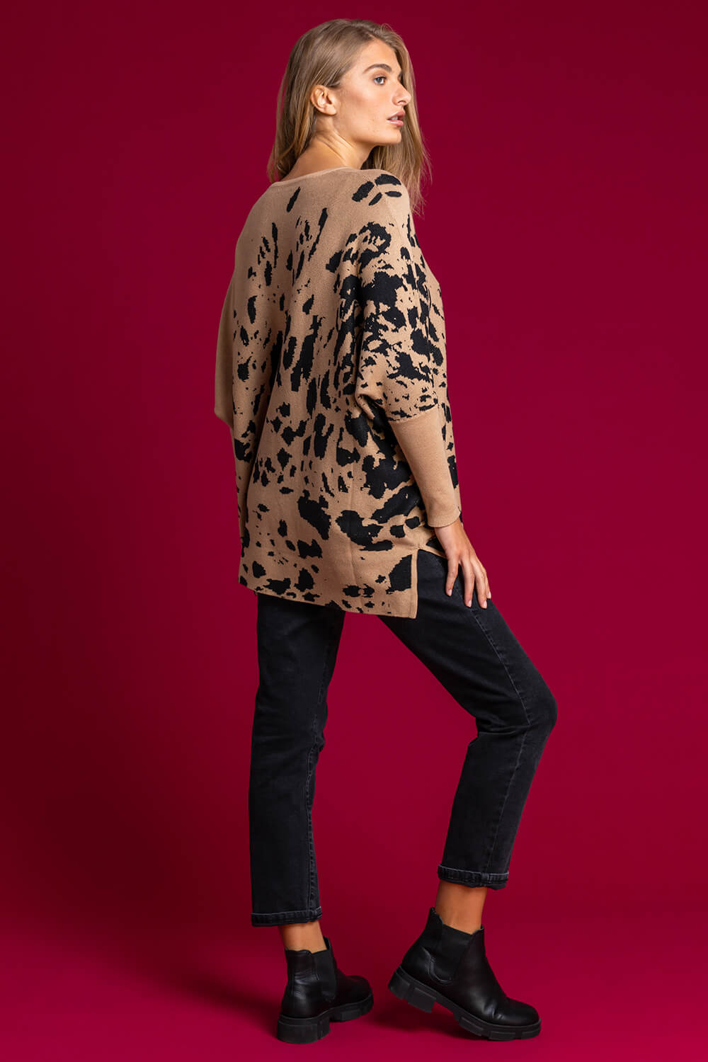 Relaxed Abstract Print Jumper in Camel - Roman Originals UK