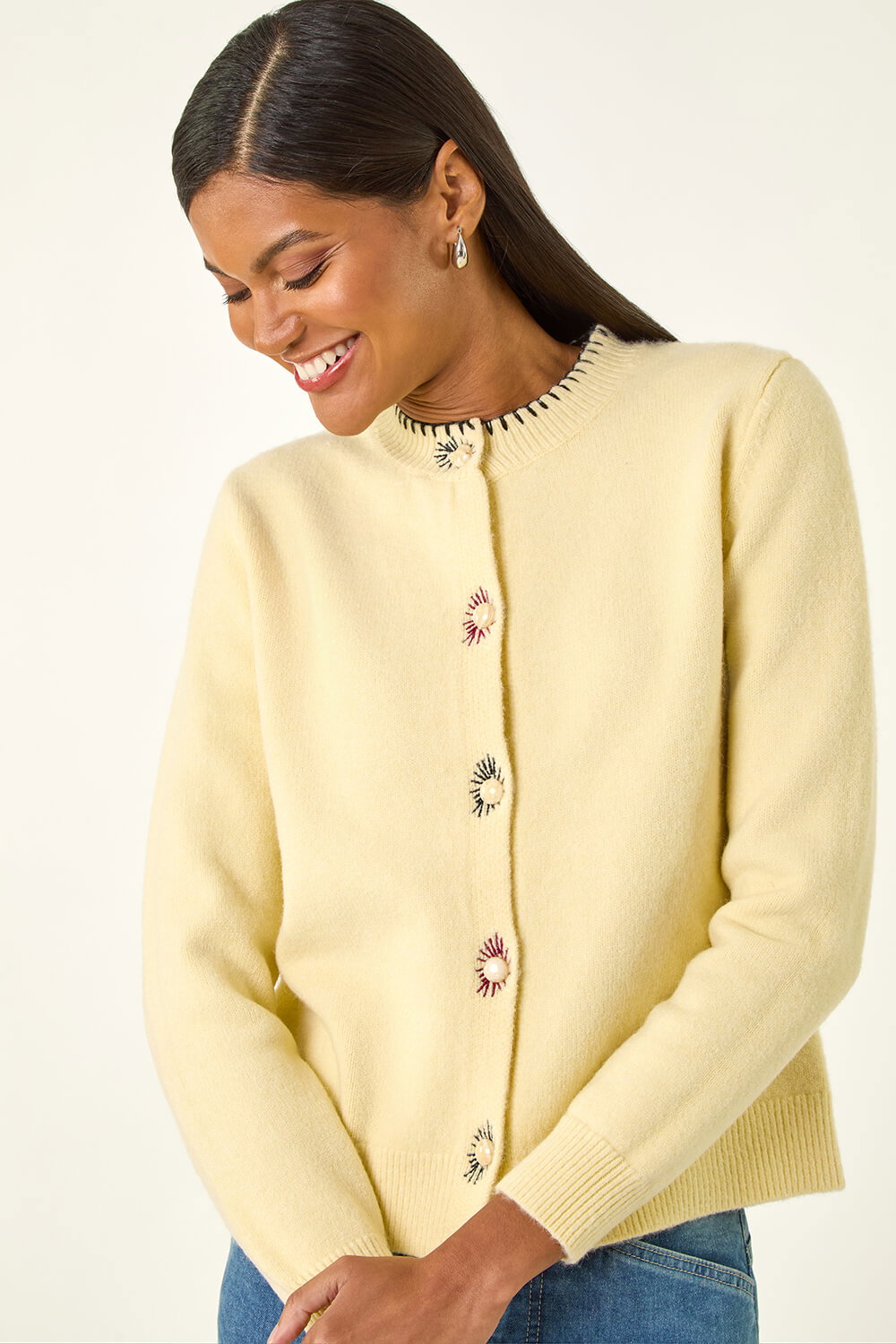 Light Yellow Contrast Stitch Knit Cardigan | Roman UK