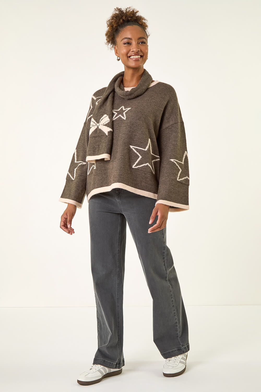 Dark Grey Star Knit Jumper and Scarf Set | Roman UK