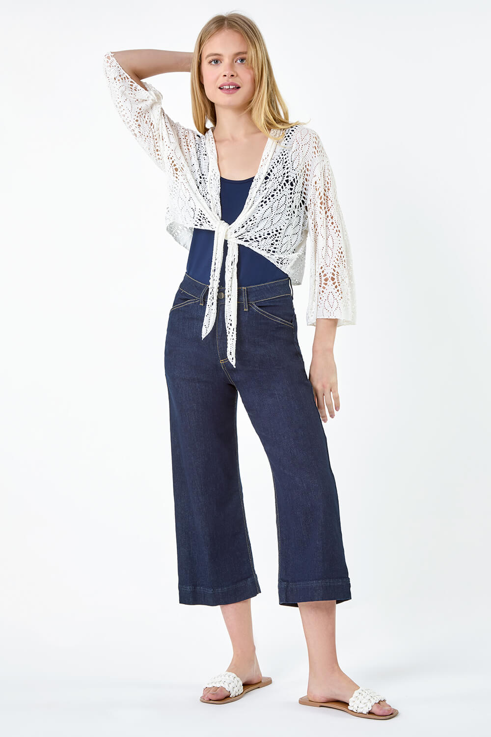 Ivory Tie Front Stretch Crochet Cardigan | Roman UK