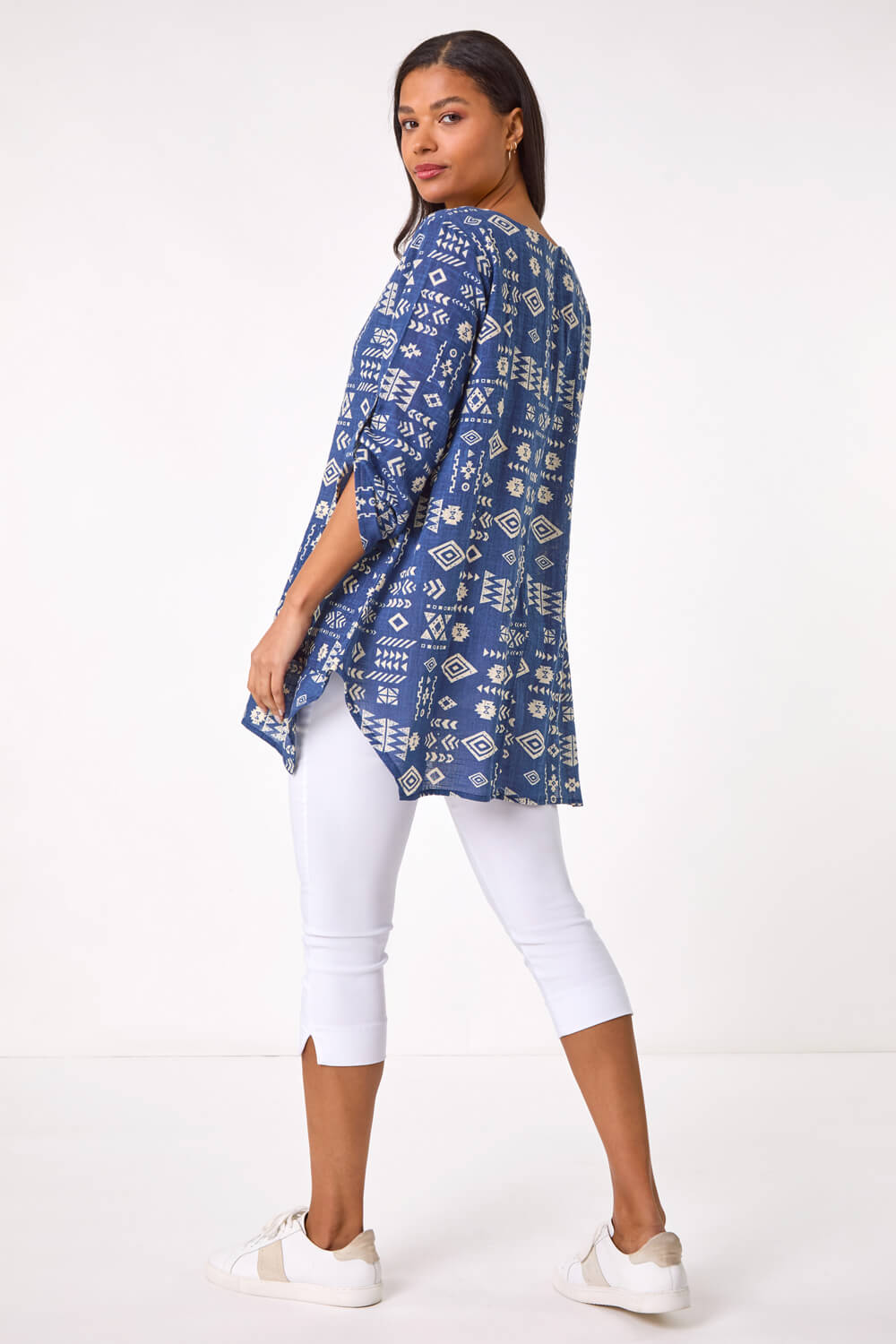 Navy Longline Print Tunic Top | Roman UK