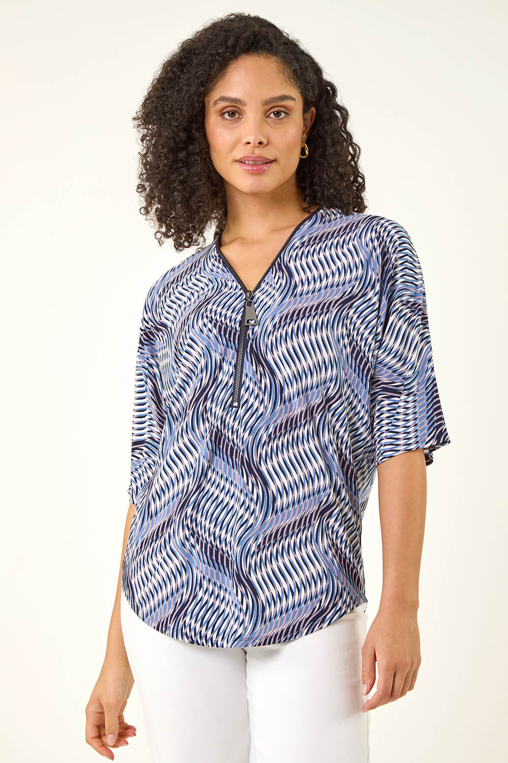 Blue Printed Zip Front Top | Roman UK