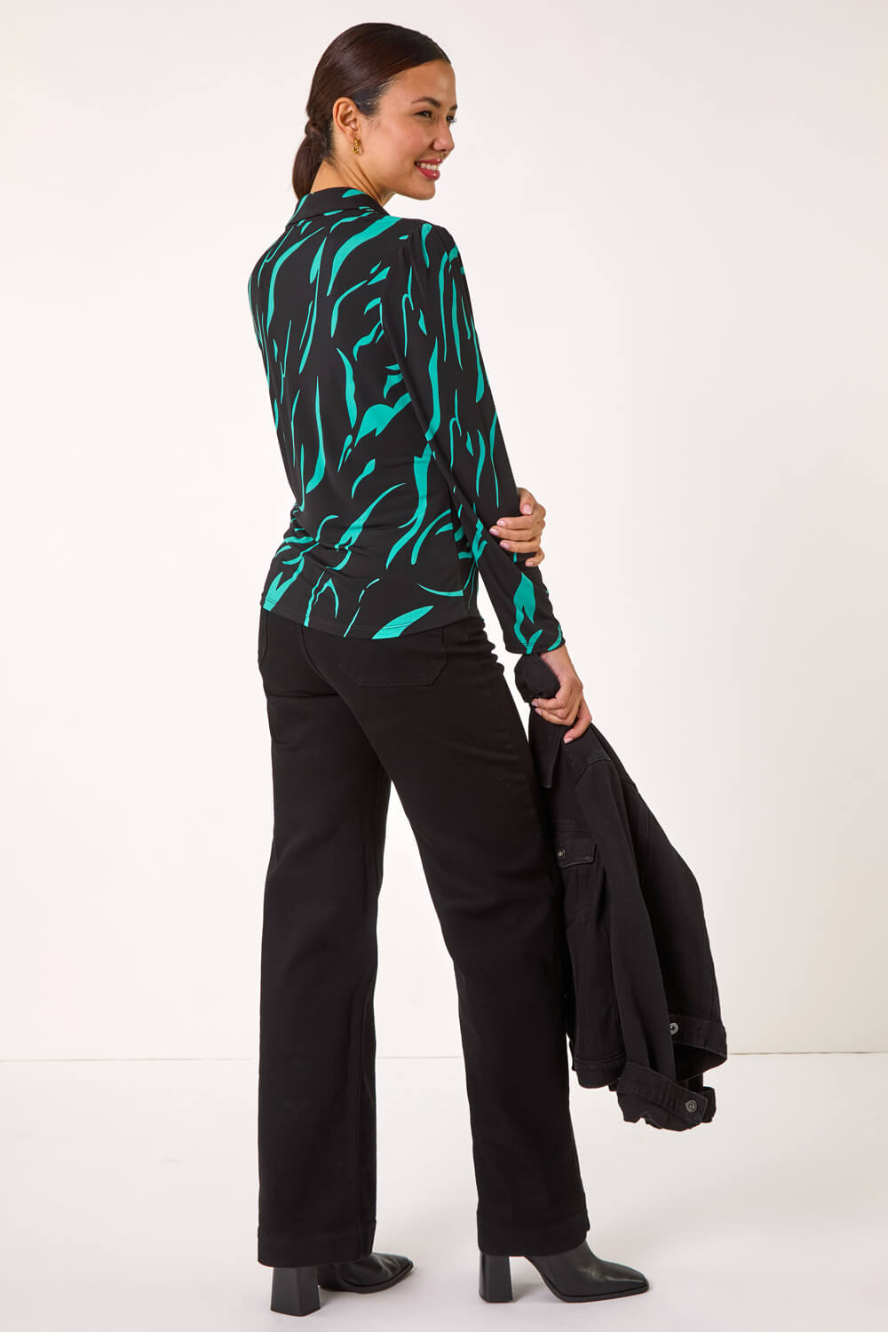 Teal Abstract Linear Print Stretch Blouse | Roman UK