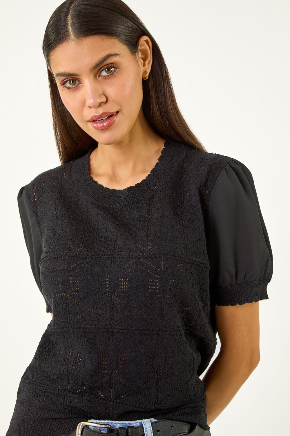 Black Pointelle Knitted Top | Roman UK
