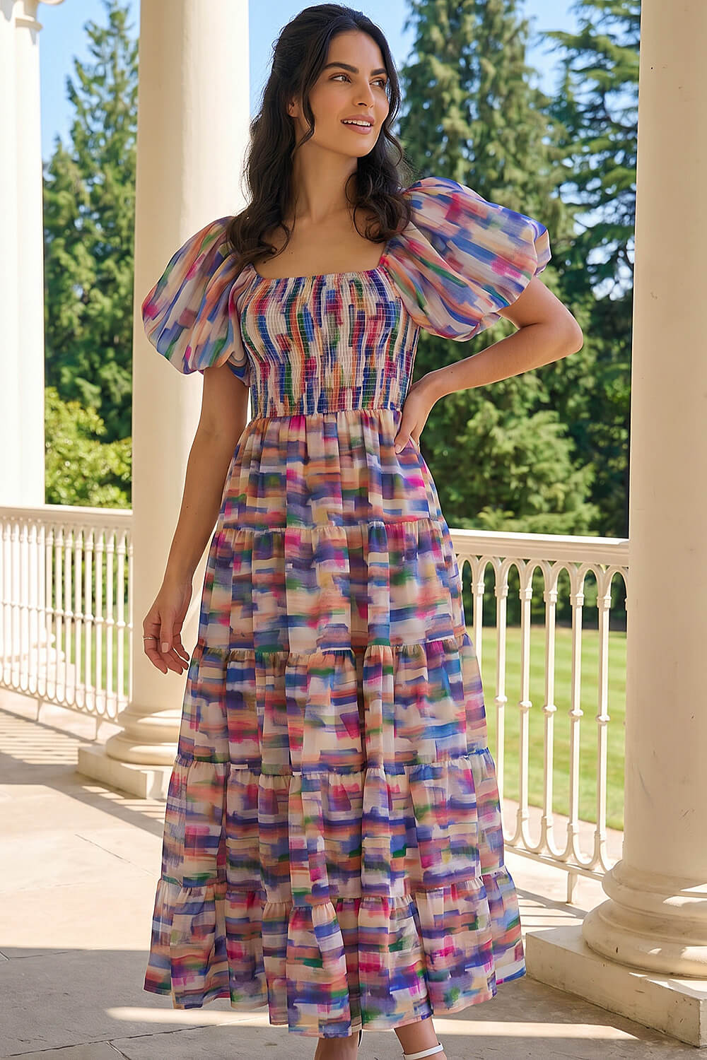 Pink Abstract Puff Sleeve Tiered Dress | Roman UK